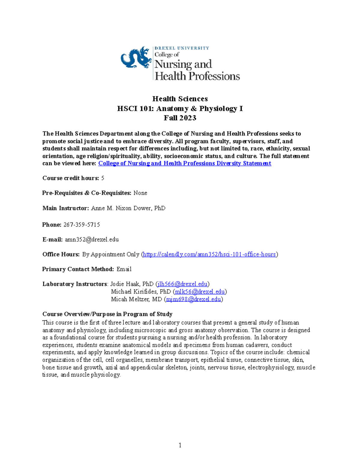 HSCI 101 Syllabus Fall 2023 - Health Sciences HSCI 101: Anatomy ...