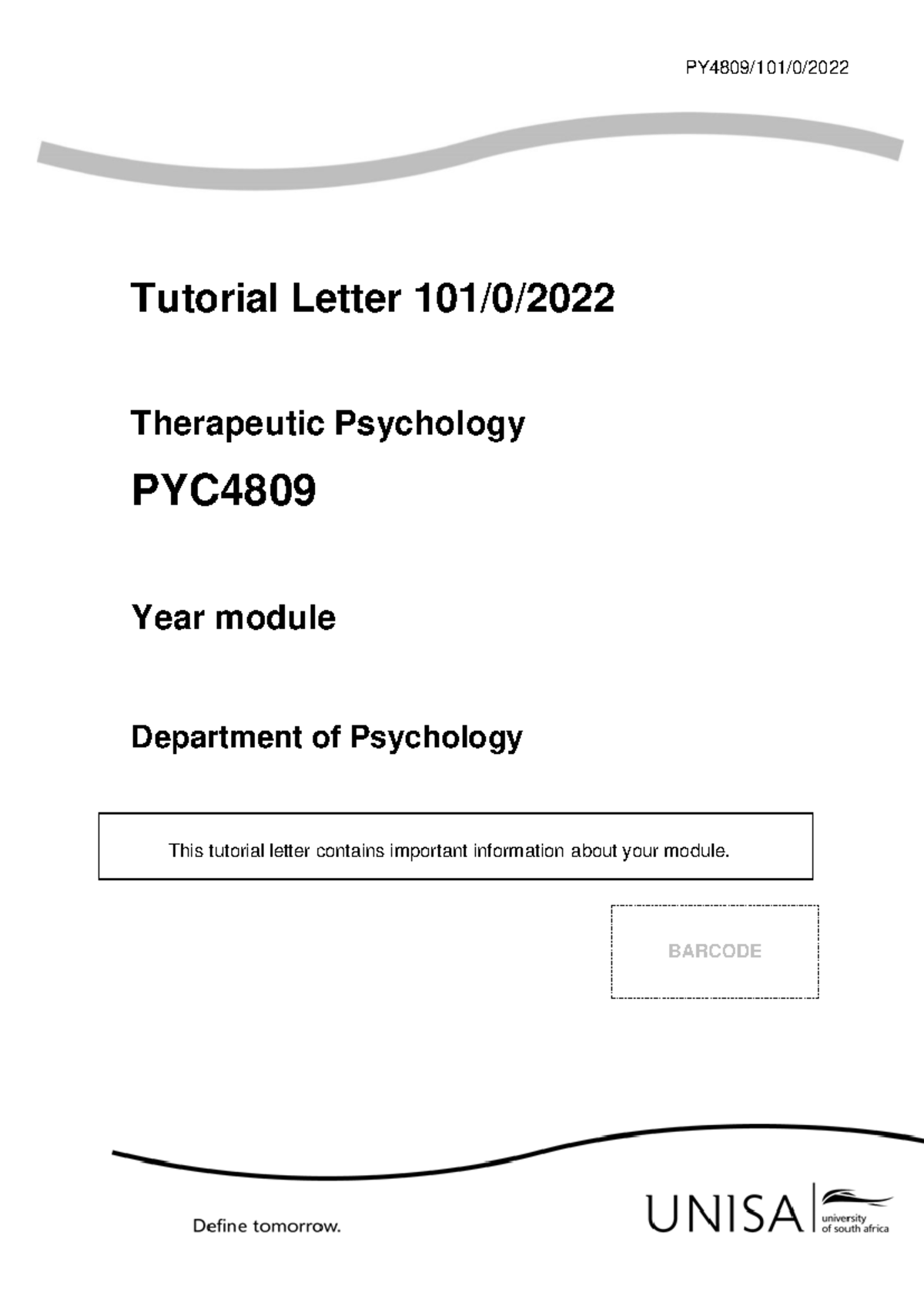 Pyc4809 Tu T 101 - Tutorial letter and prescribed materials. It also features feedback on ...