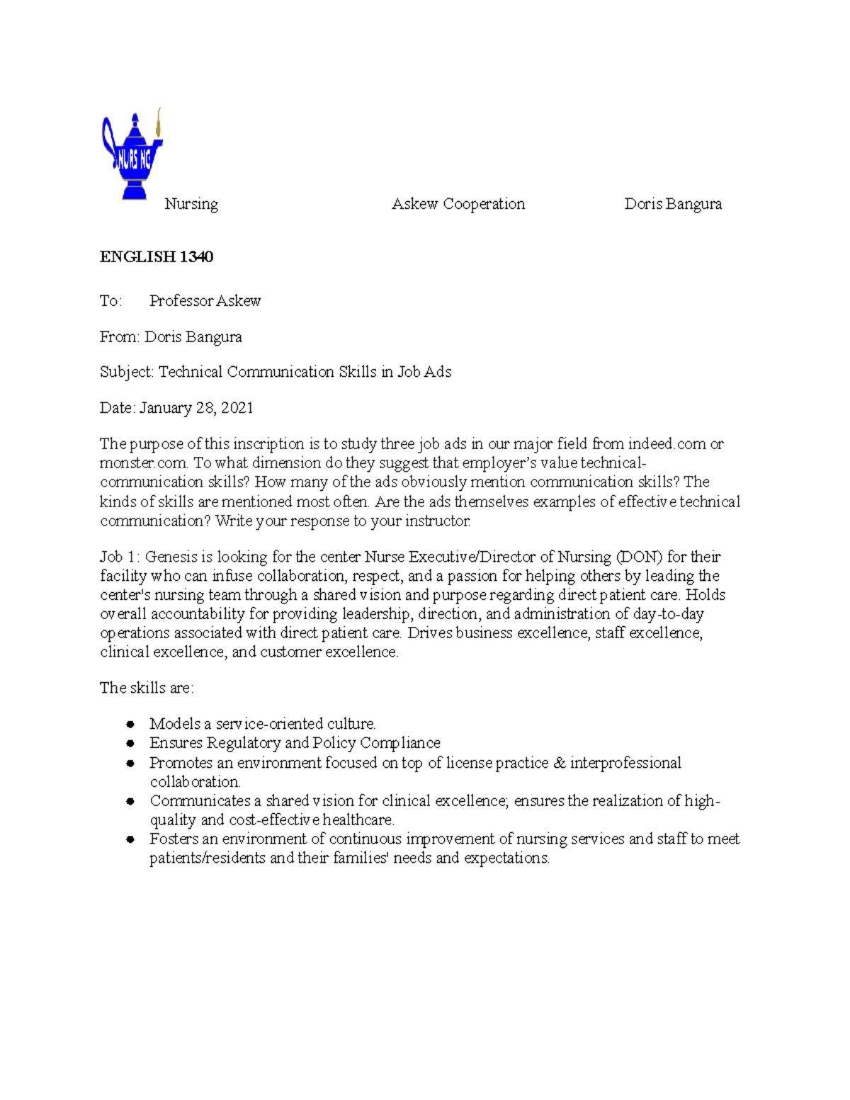 Memo 2 - Memo - Nursing Askew Cooperation Doris Bangura ENGLISH 1340 To ...