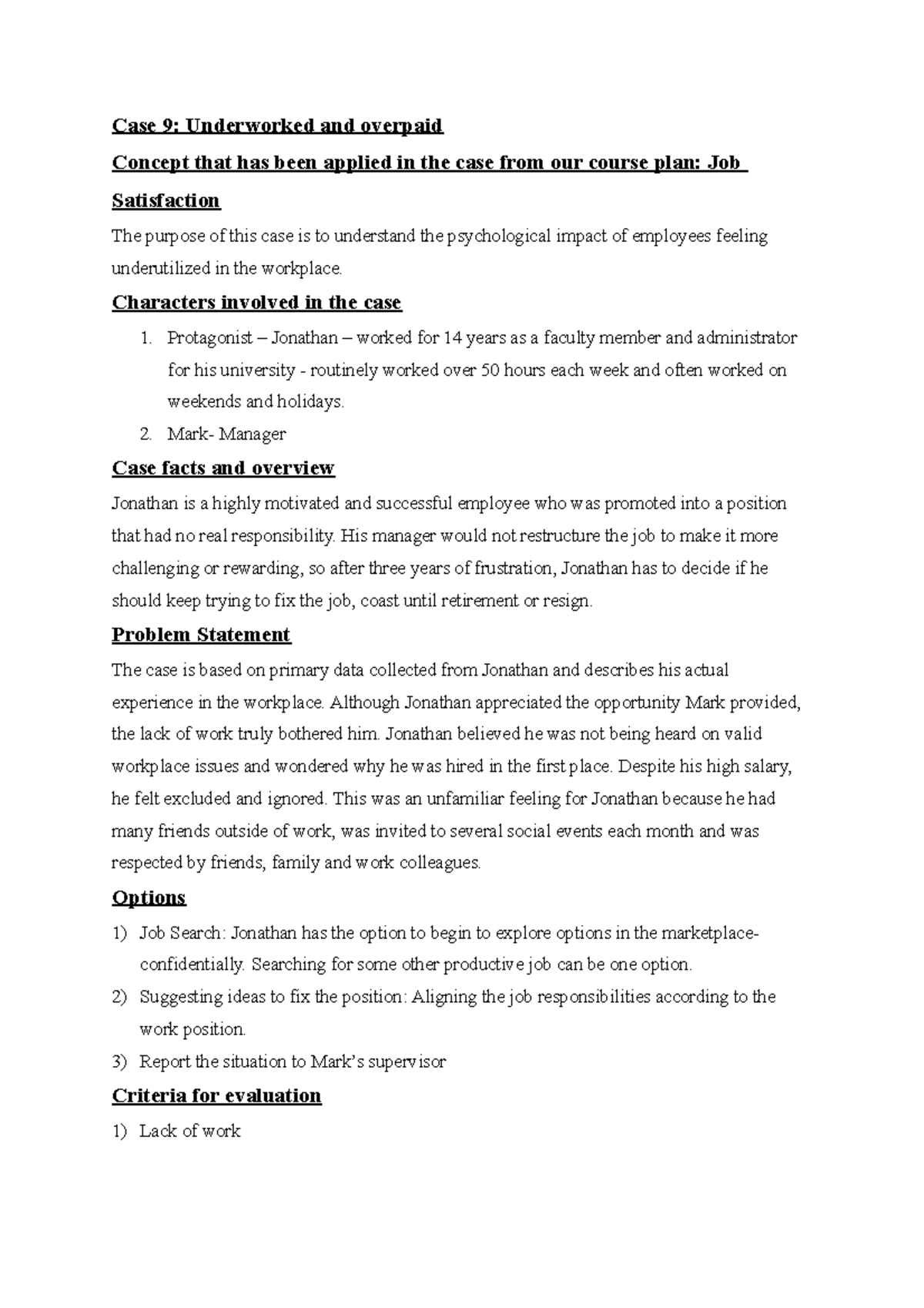 2228211 OB Case 9 - Case summaries - Case 9: Underworked and overpaid ...