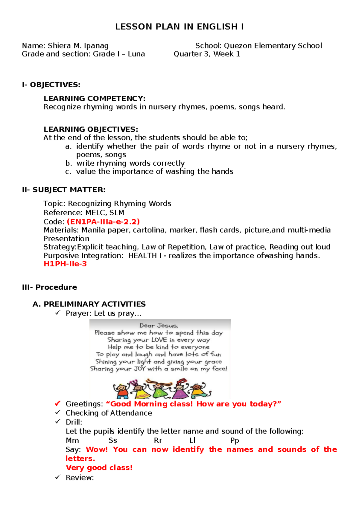 ENG wk1 - Sample lesson plan - LESSON PLAN IN ENGLISH I ####### Name ...