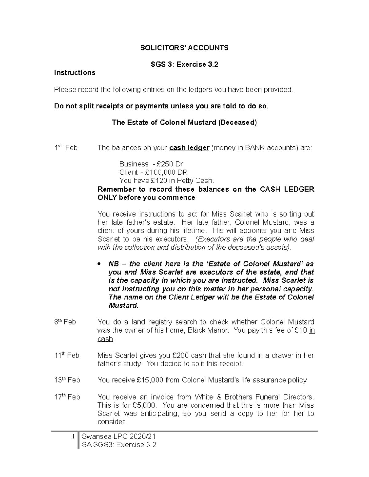 Exercise 3 - client ledger - SOLICITORS’ ACCOUNTS SGS 3: Exercise 3 ...