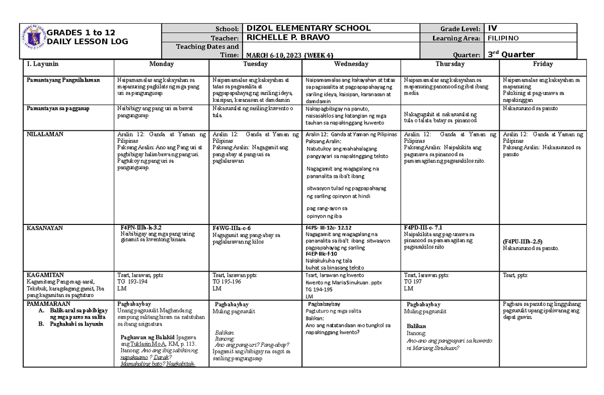 Filipino - GRADES 1 to 12 DAILY LESSON LOG School: DIZOL ELEMENTARY ...