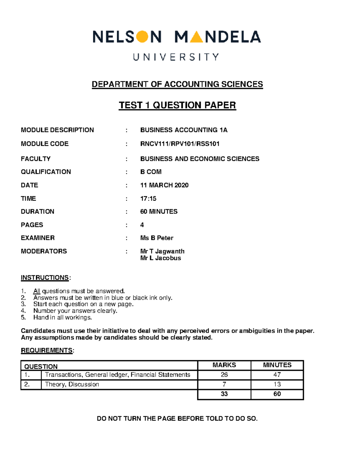 Test 1 Question Paper 2020 - DEPARTMENT OF ACCOUNTING SCIENCES TEST 1 ...