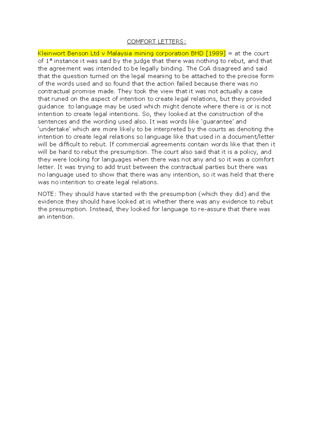 Intention to create legal relations - comfort letters - COMFORT LETTERS ...