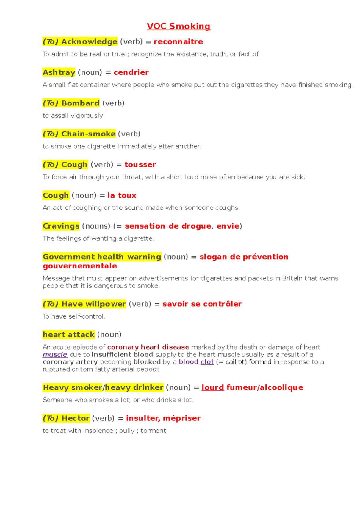 VOC Smoking - pass anglais - VOC Smoking (To) Acknowledge (verb ...