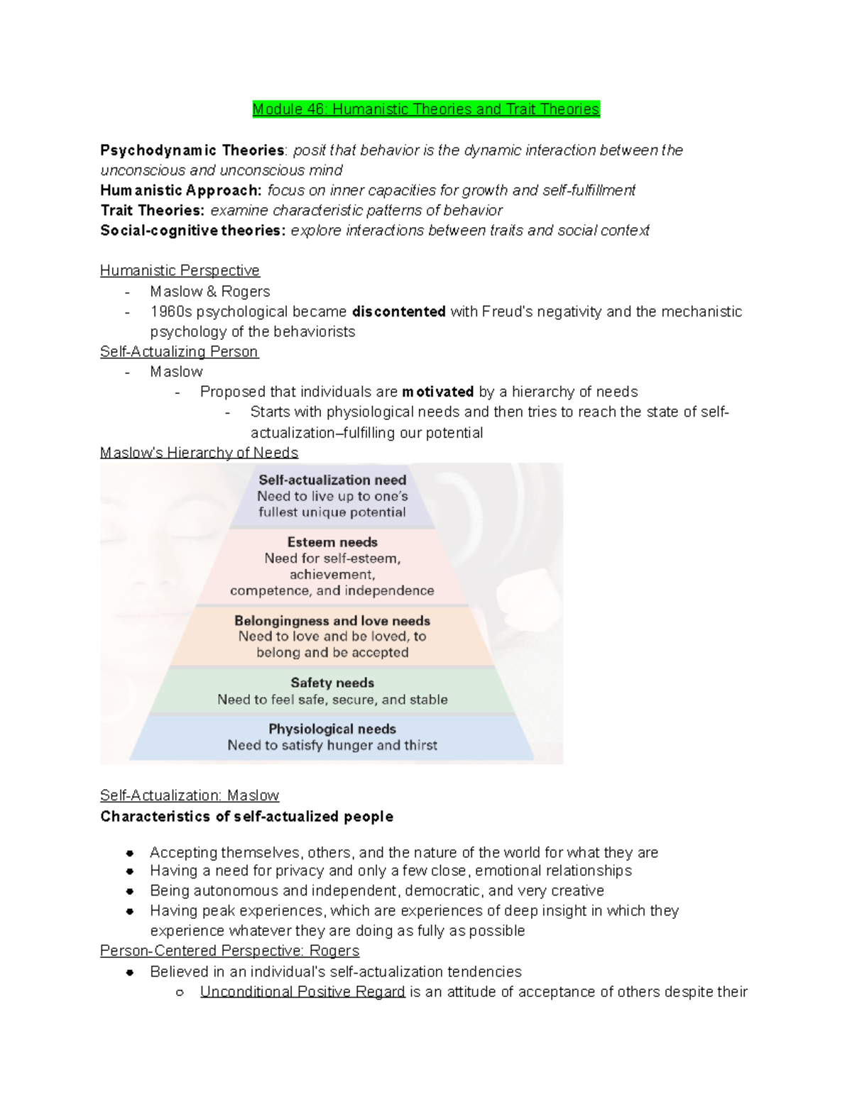 Module 46 47 Humanistic, Trait, Social-Cognitive, and the Self Theories ...