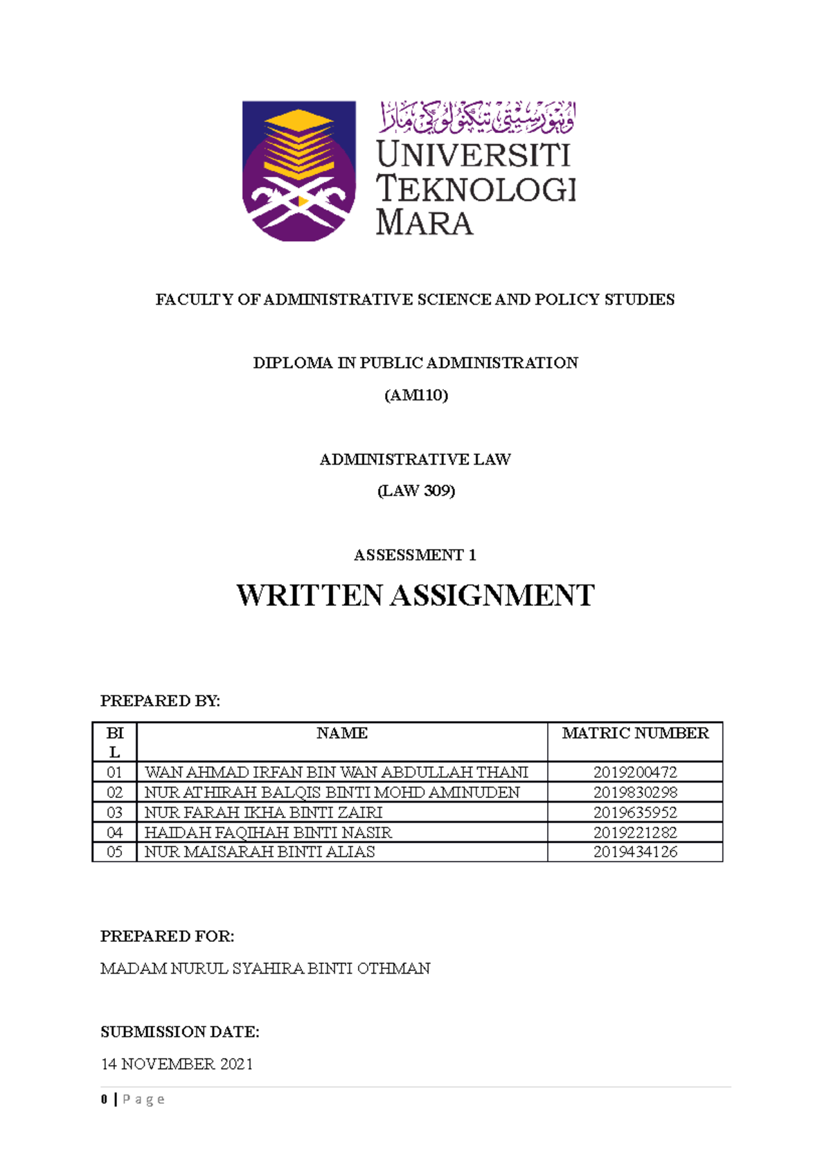 Written Group Assignment LAW 309 - FACULTY OF ADMINISTRATIVE SCIENCE ...