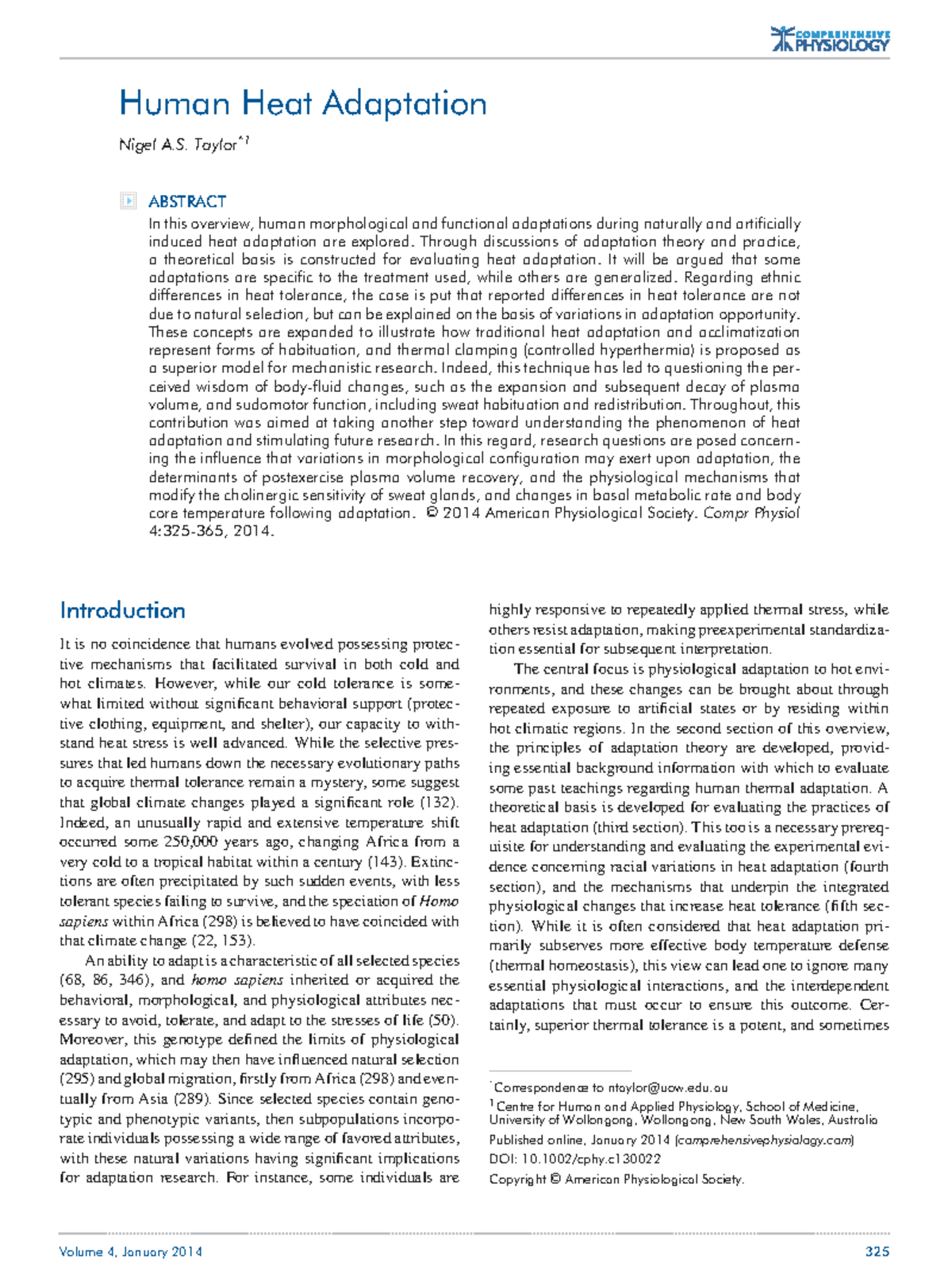 Taylor 2014 Heat Adaptation Comp Physiol reprint - Human Heat ...