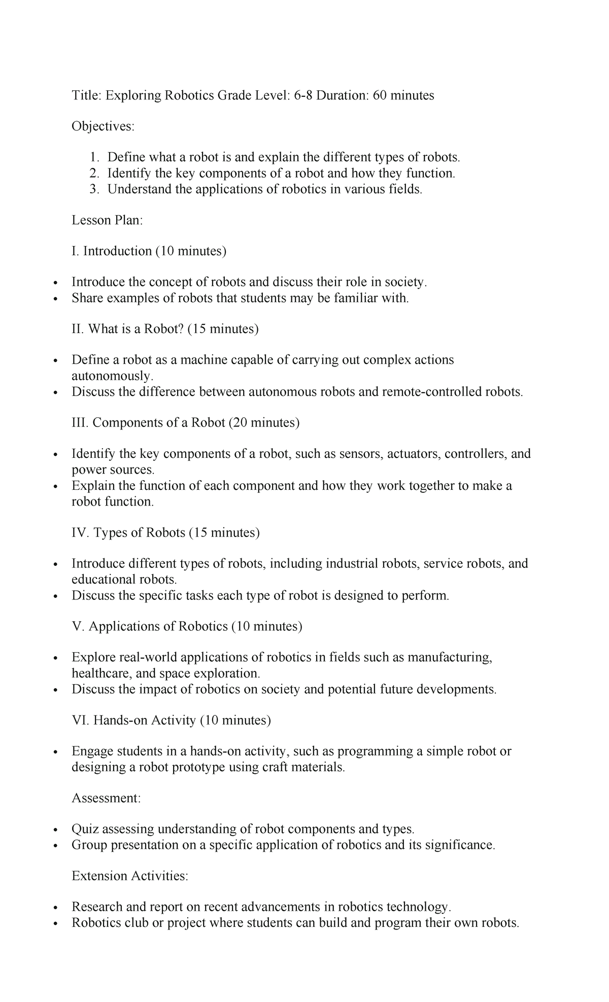 Lesson Plan about Exploring Robotics - Title: Exploring Robotics Grade ...