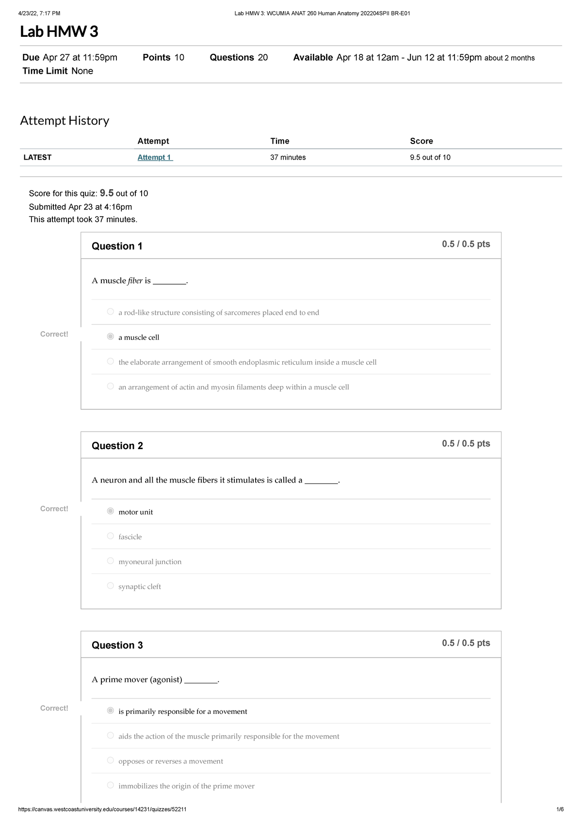 Lab HMW 3 Wcumia ANAT 260 Human Anatomy 202204 SPII BR-E01 - Lab HMW 3 Due Apr 27 at 11:59pm ...