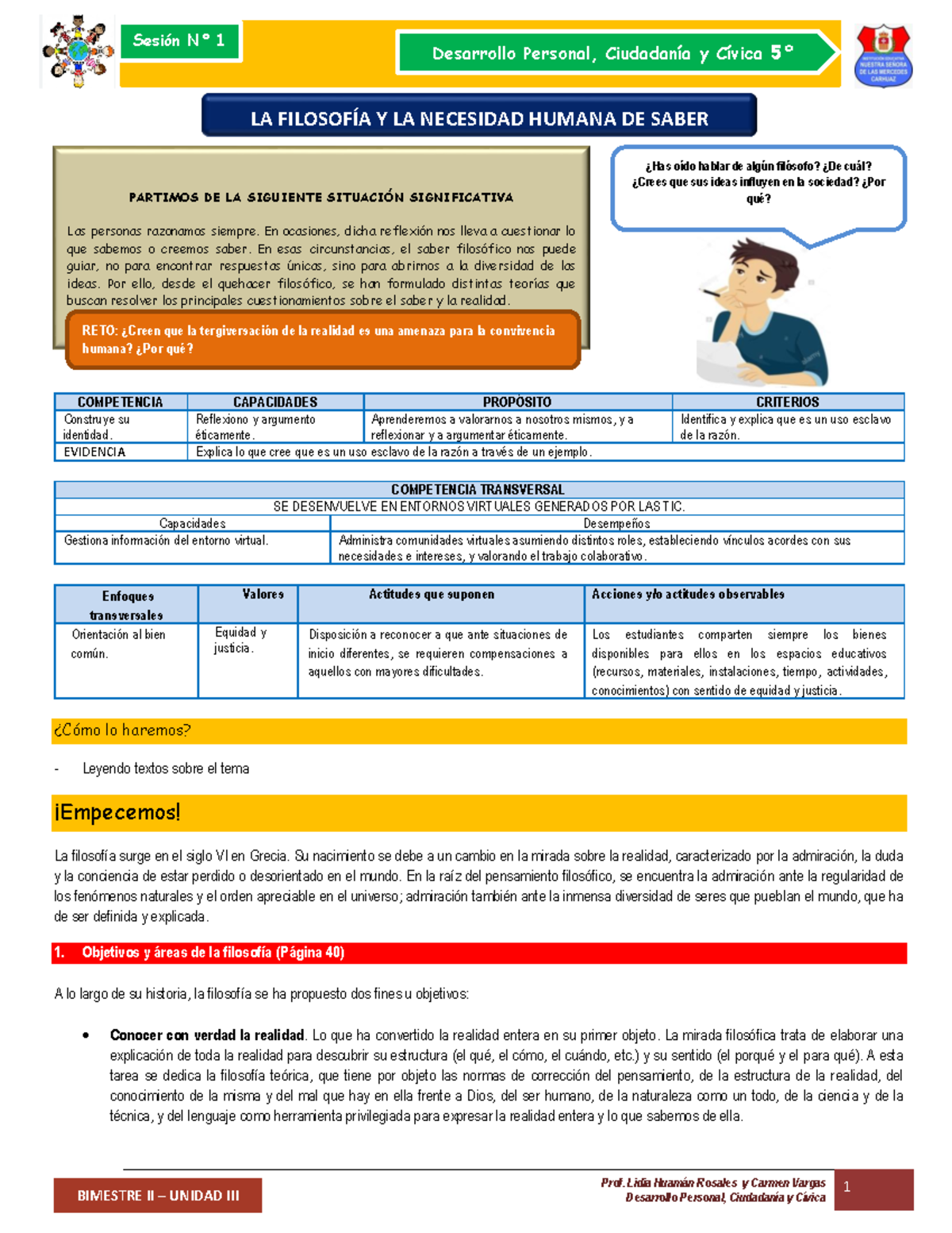 Sesion 1-S1- Experiencia 3-DPCC 5° - Prof. Lidia Huamán Rosales y Carmen Vargas Desarrollo ...
