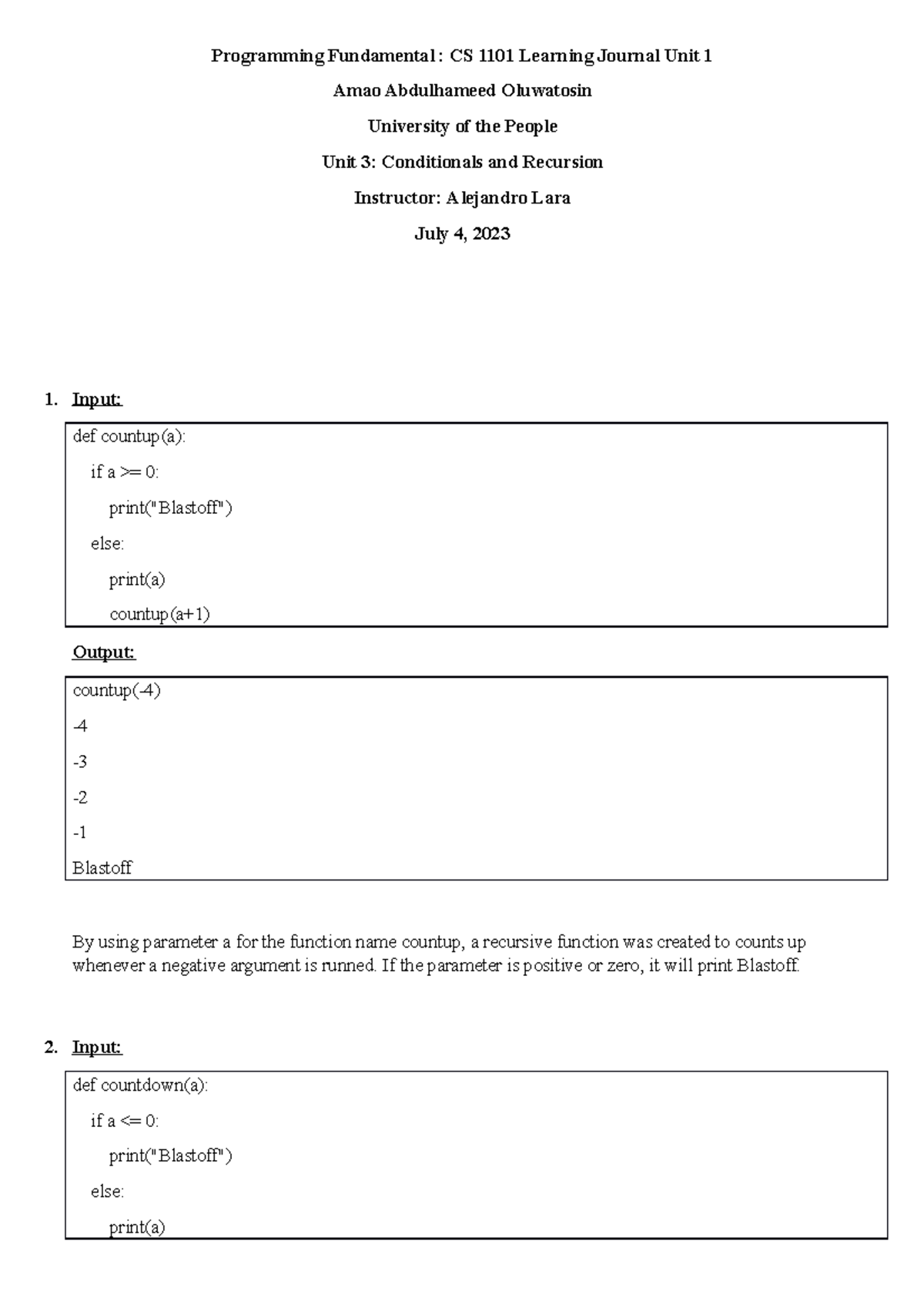CS 1101 Learning Journal Unit 3 - CS 1101 - UoPeople - Studocu