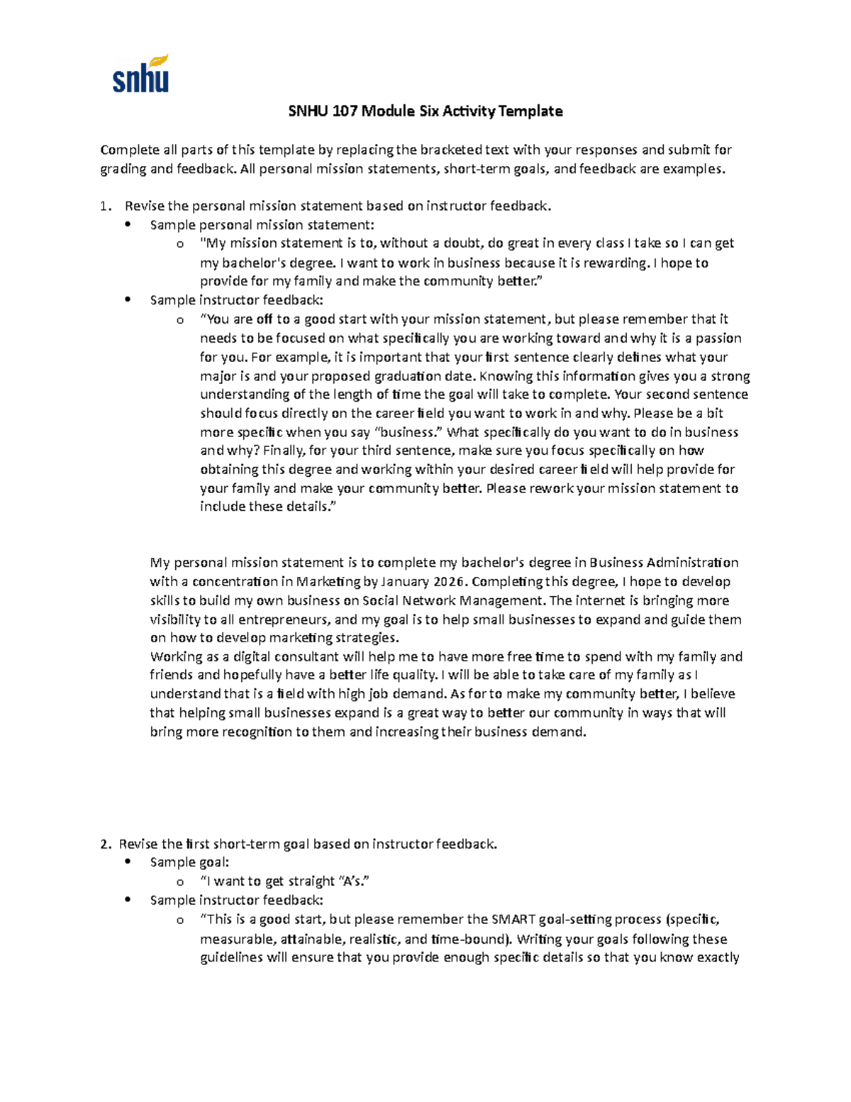 SNHU 107 Final Project II - SNHU 107 Module Six Activity Template ...