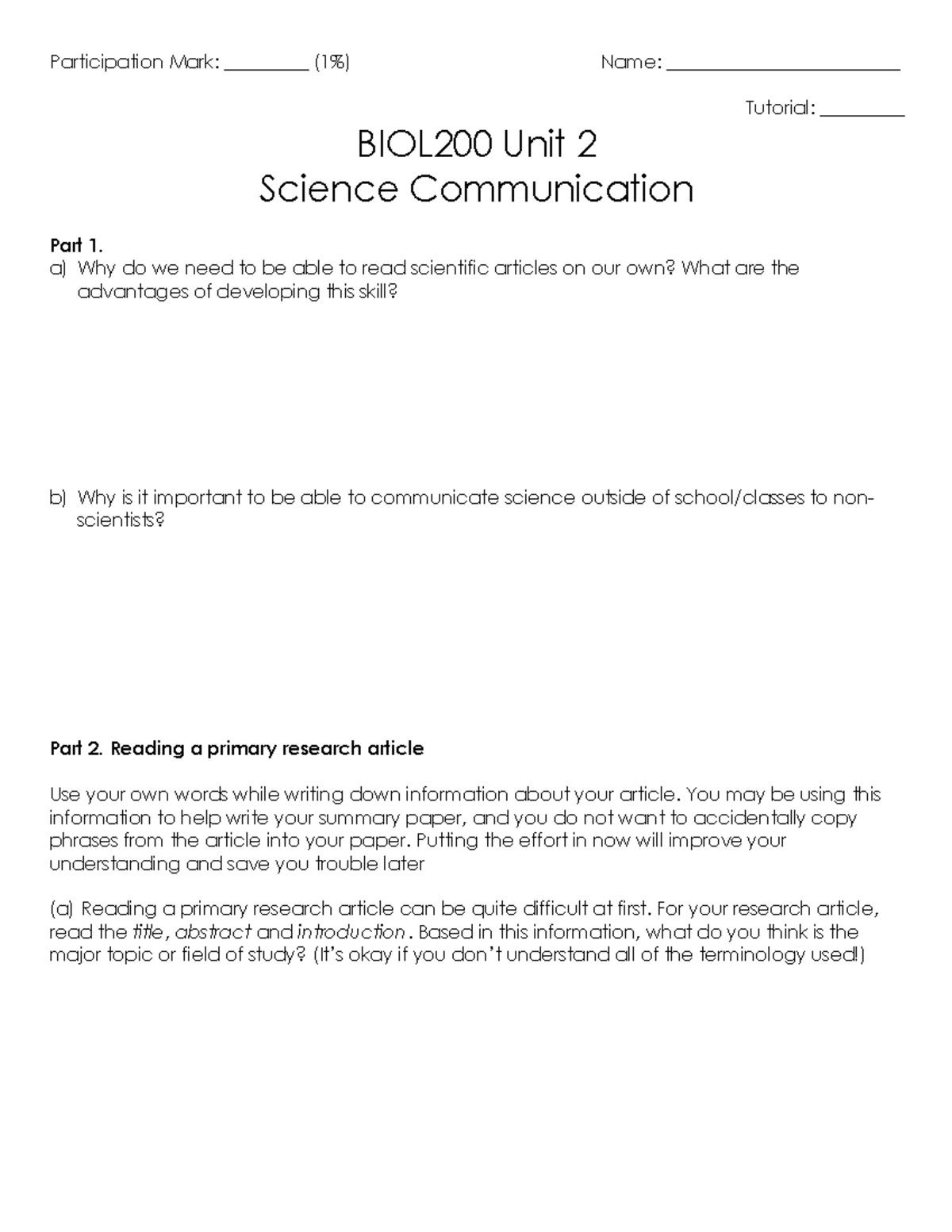 BIOL200 Tutorial 3 Worksheet - Participation Mark: _________ (1%) Name ...