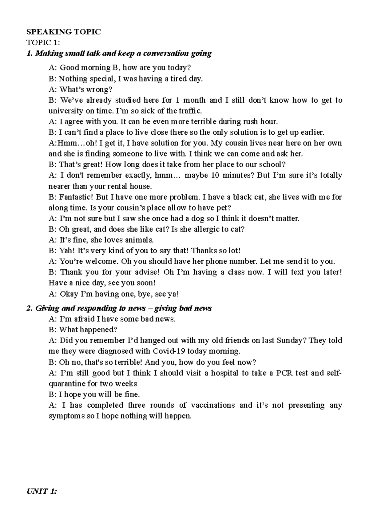 Speaking Topic - SPEAKING TOPIC TOPIC 1: 1. Making small talk and keep ...