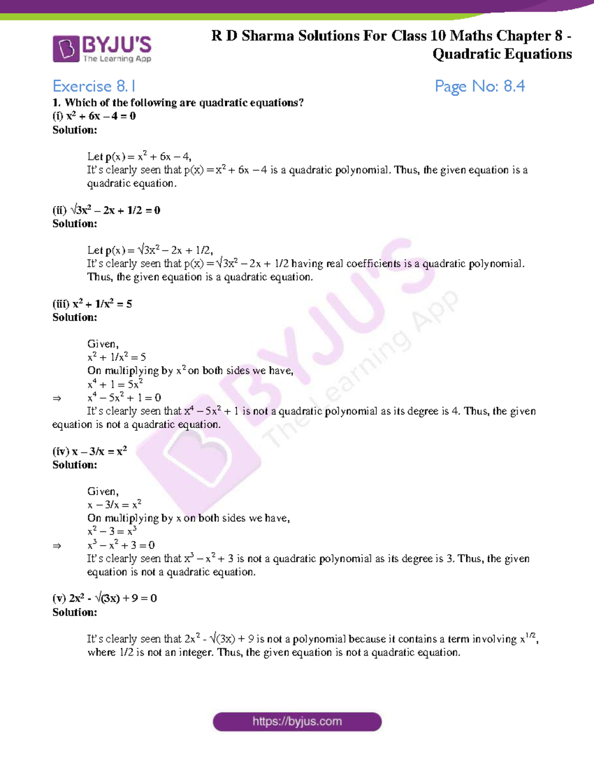 Rd sharma dec2020 solutions for class 10 chapter 8 - Quadratic ...