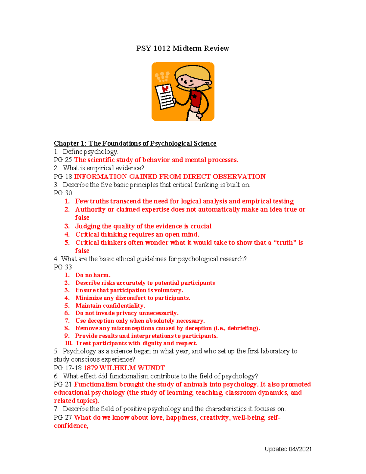 PSY 1012 Midterm Review - Coon 2022 - PSY 1012 Midterm Review Chapter 1 ...