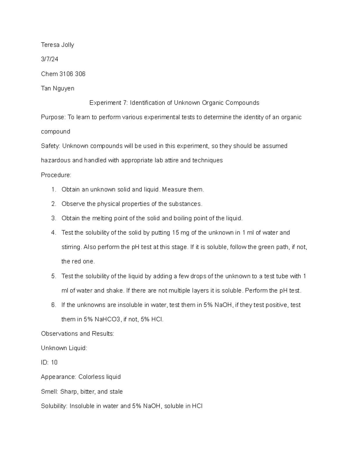 Chem 3106 Experiment 7 - Teresa Jolly 3/7/ Chem 3106 306 Tan Nguyen ...