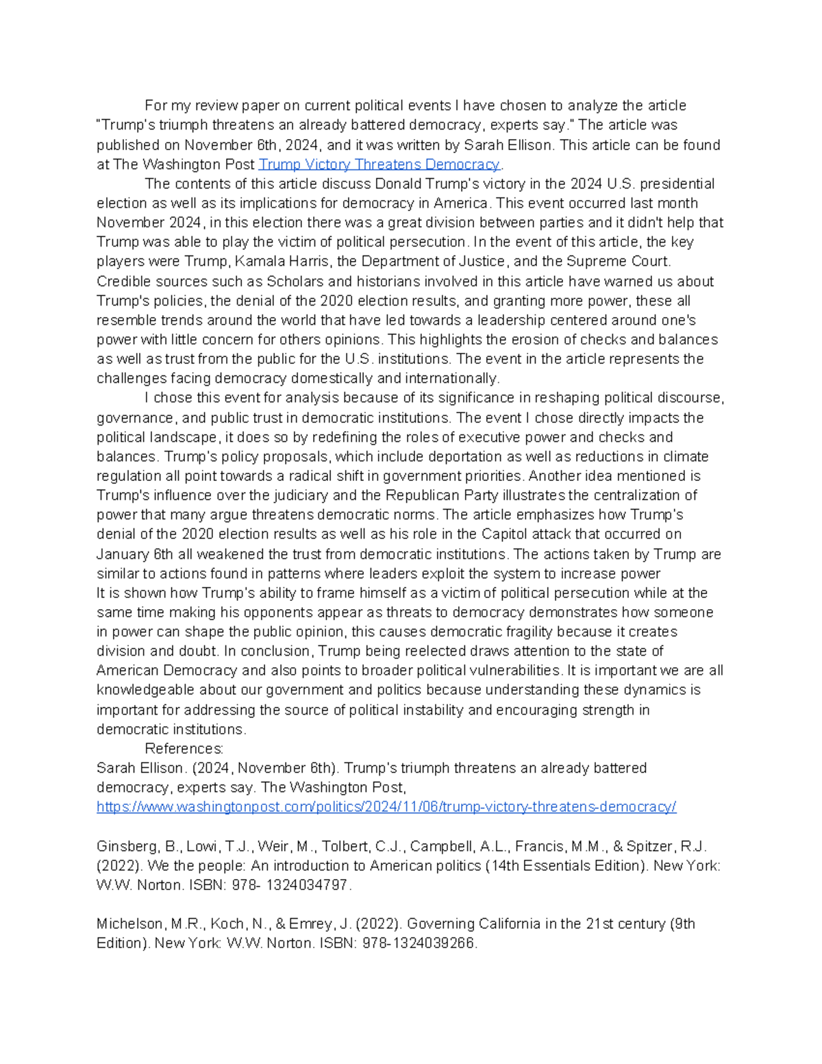 Political Event Review Paper Final - For my review paper on current ...