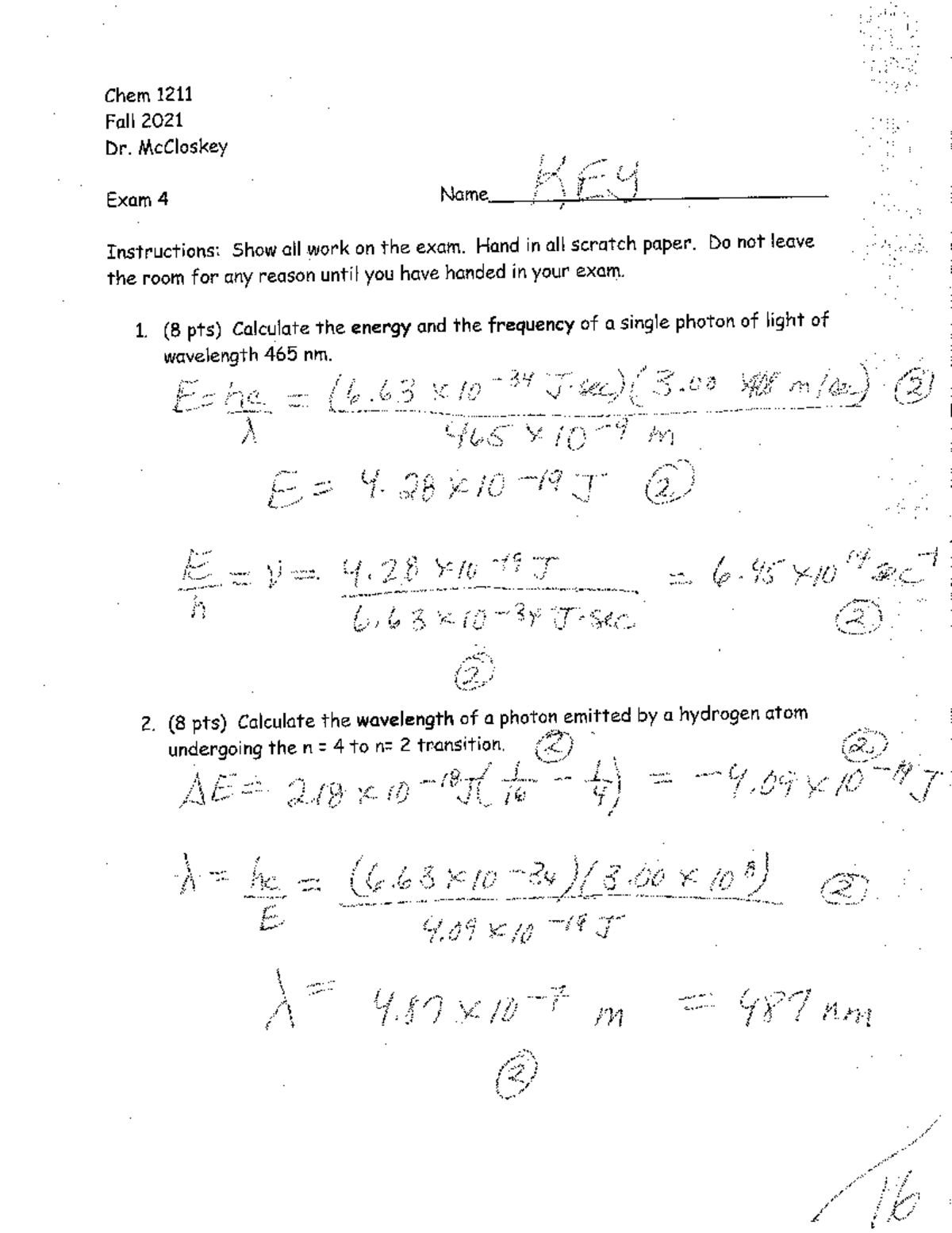 1211 Key to Exam 4 - CHEM 1211K - Studocu