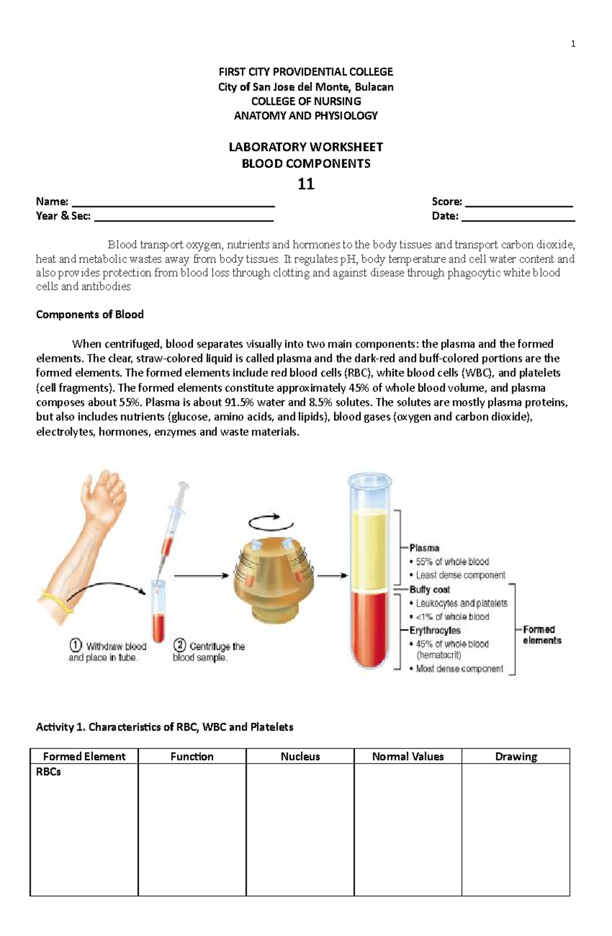 Laboratory Worksheet 11 Blood - 1 FIRST CITY PROVIDENTIAL COLLEGE City ...