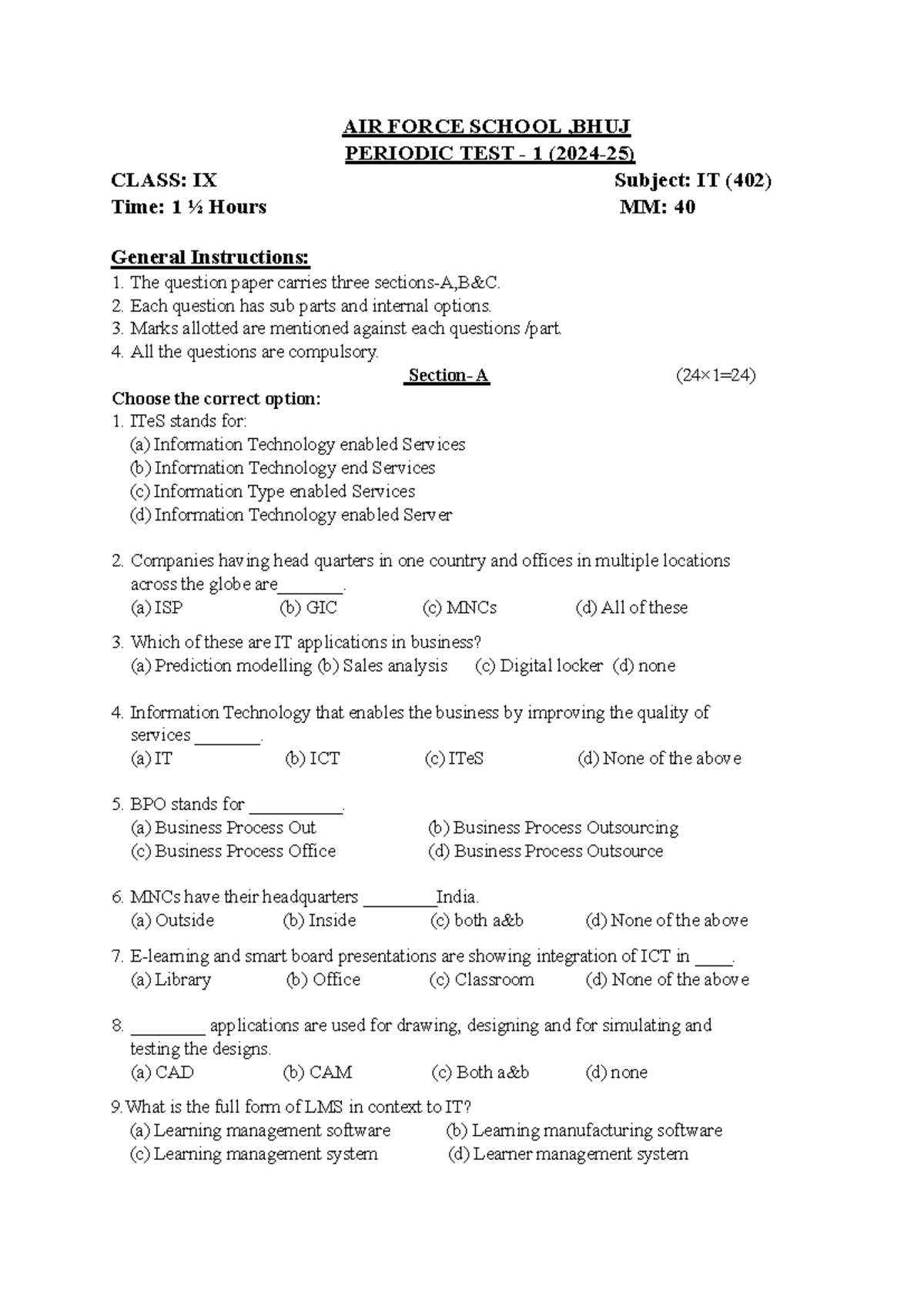 9th pt-1 - COMPUTER SCIENCE CLASS 9TH - AIR FORCE SCHOOL ,BHUJ PERIODIC ...