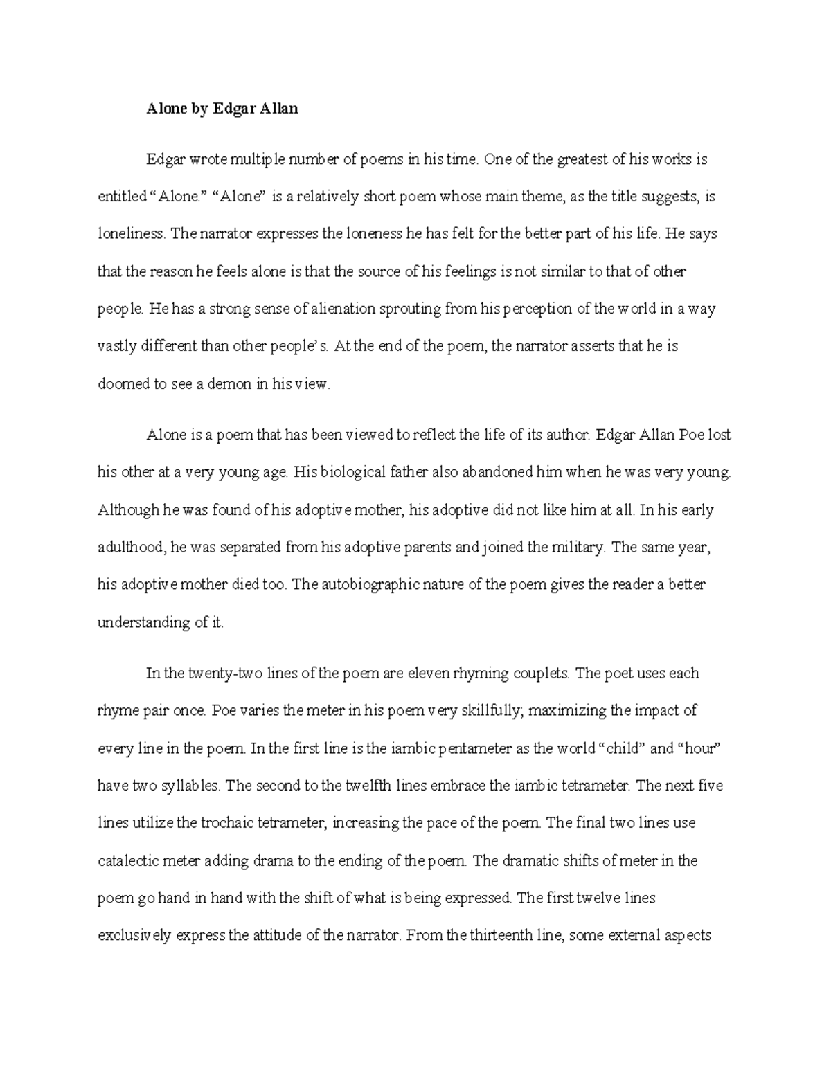 Allan Poe - This is an essay on Alla - Alone by Edgar Allan Edgar wrote ...