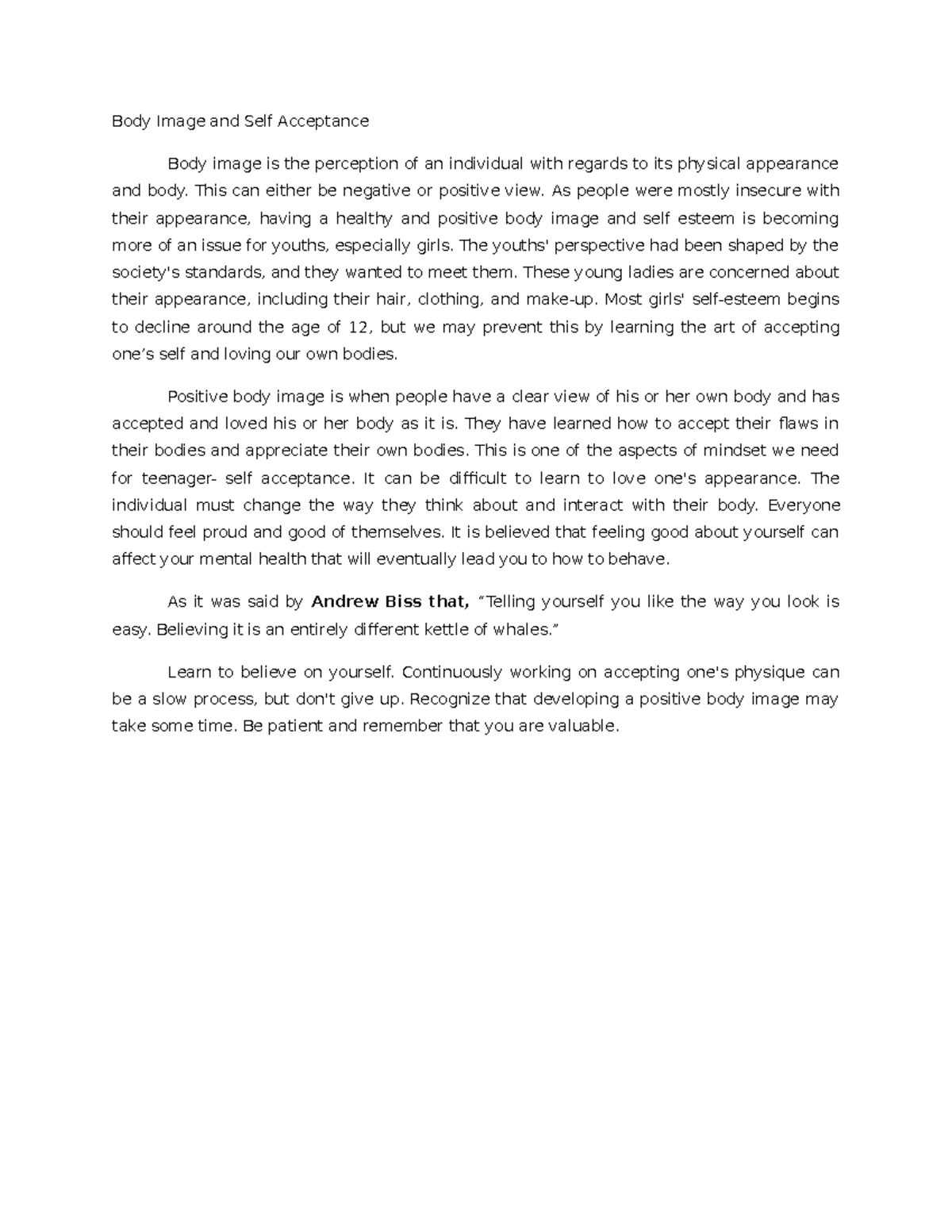 BODY Image AND SELF Acceptance - Body Image and Self Acceptance Body ...