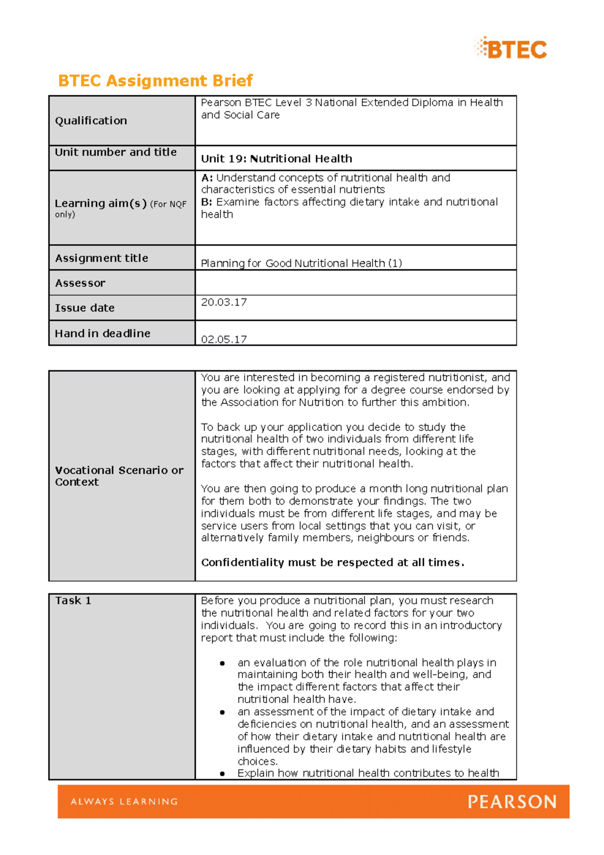 Unit 19 sa 1 - BTEC Assignment Brief Qualification Pearson BTEC Level 3 National Extended ...