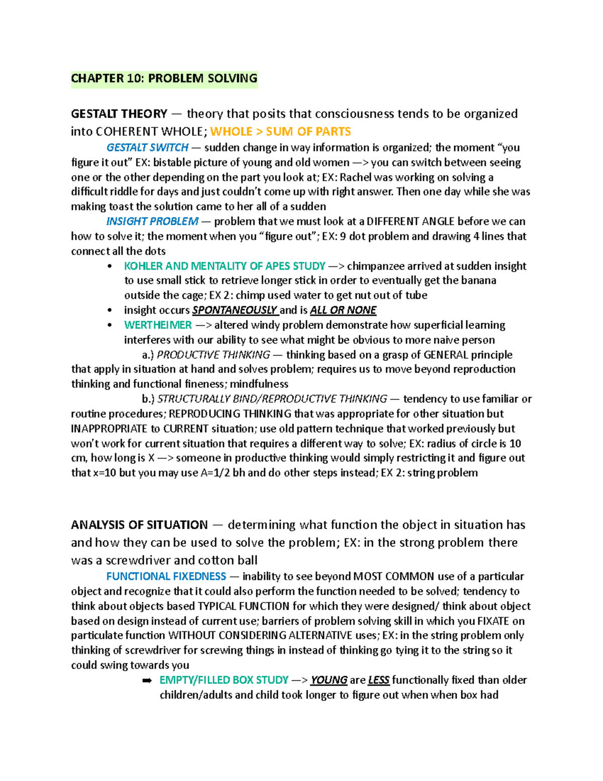 PSY 325 EXAM 4 - notes - CHAPTER 10: PROBLEM SOLVING GESTALT THEORY 4 ...