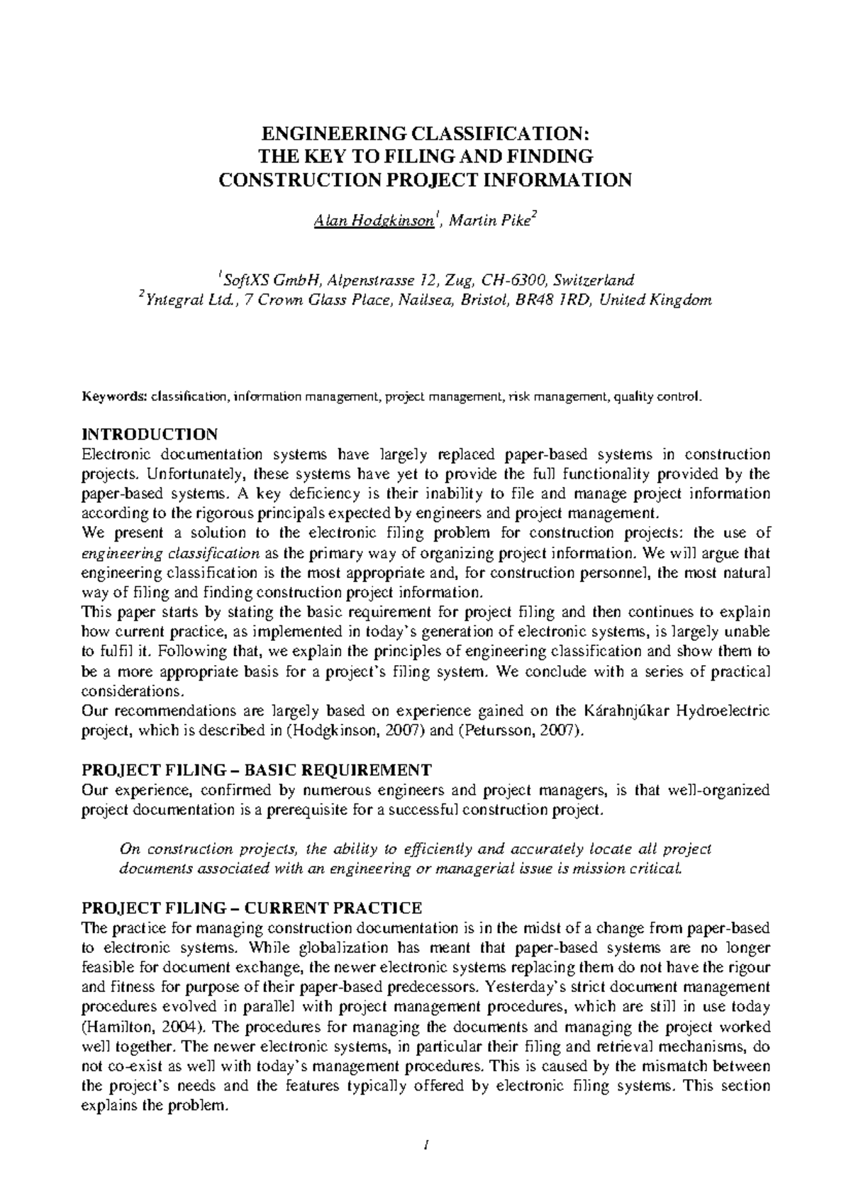 Engineering Classification - THE KEY TO Filing AND Finding Construction ...