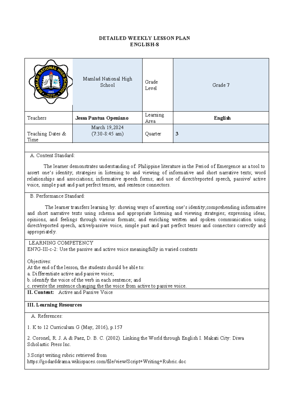 Active and passive voice - DETAILED WEEKLY LESSON PLAN ENGLISH- Mamlad ...