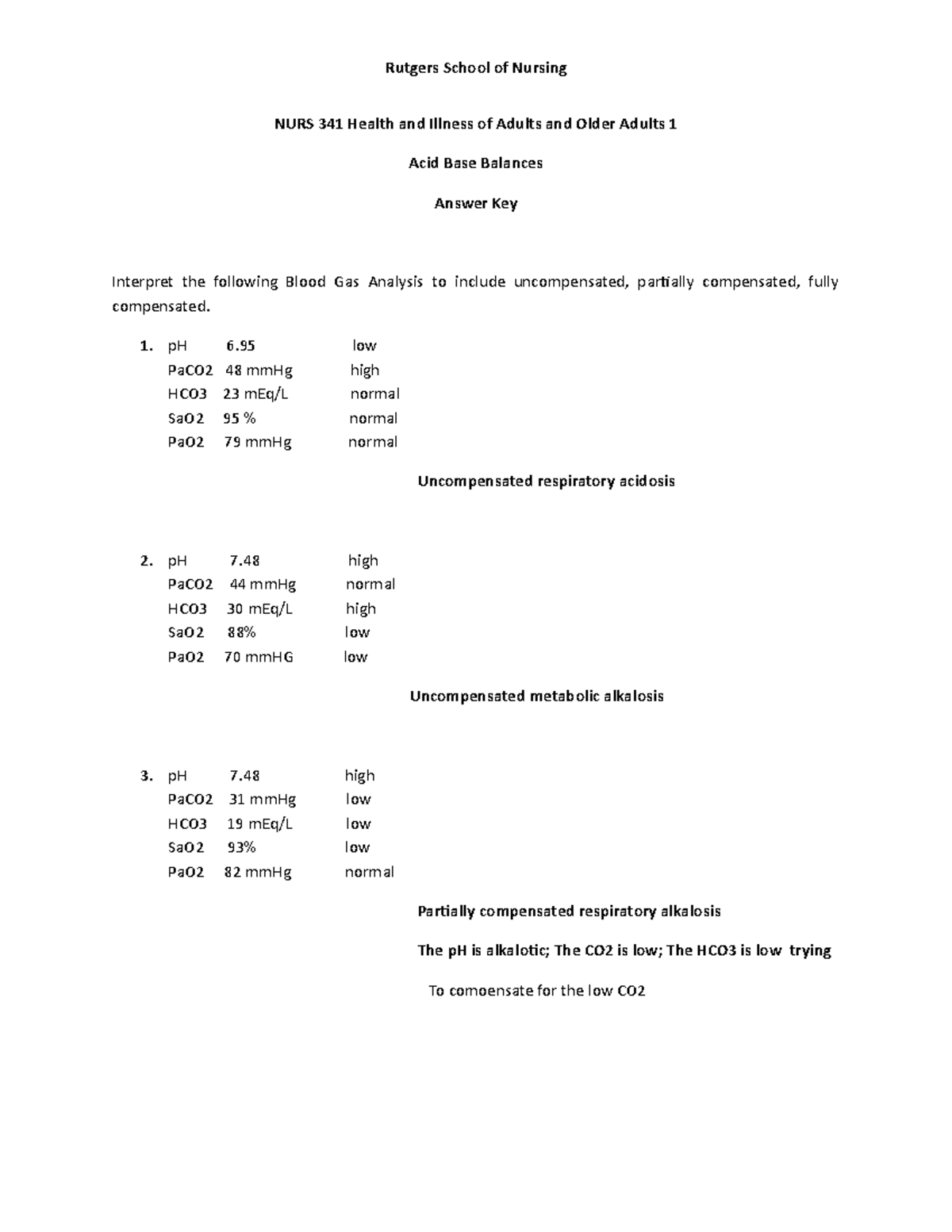 Acid BAse Balance Worksheet ans key - NURS 341 Health and Illness of ...