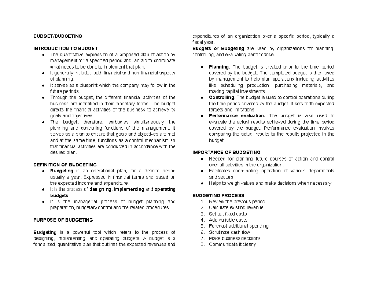 Budgeting - Budget - BUDGET/BUDGETING INTRODUCTION TO BUDGET The ...