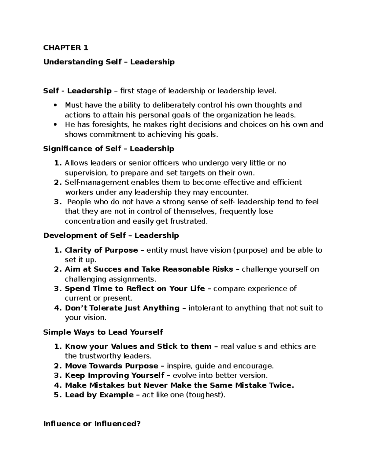 Chapter-1 CFLM-102 - CHAPTER 1 Understanding Self – Leadership Self - Leadership – first stage ...
