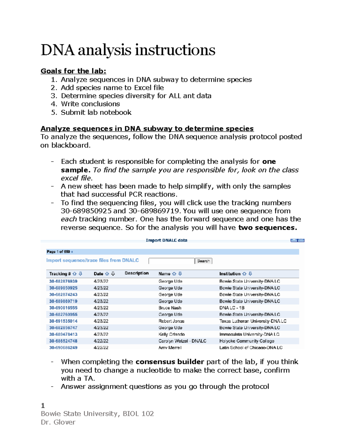DNA analysis instructions - DNA analysis instructions Goals for the lab ...