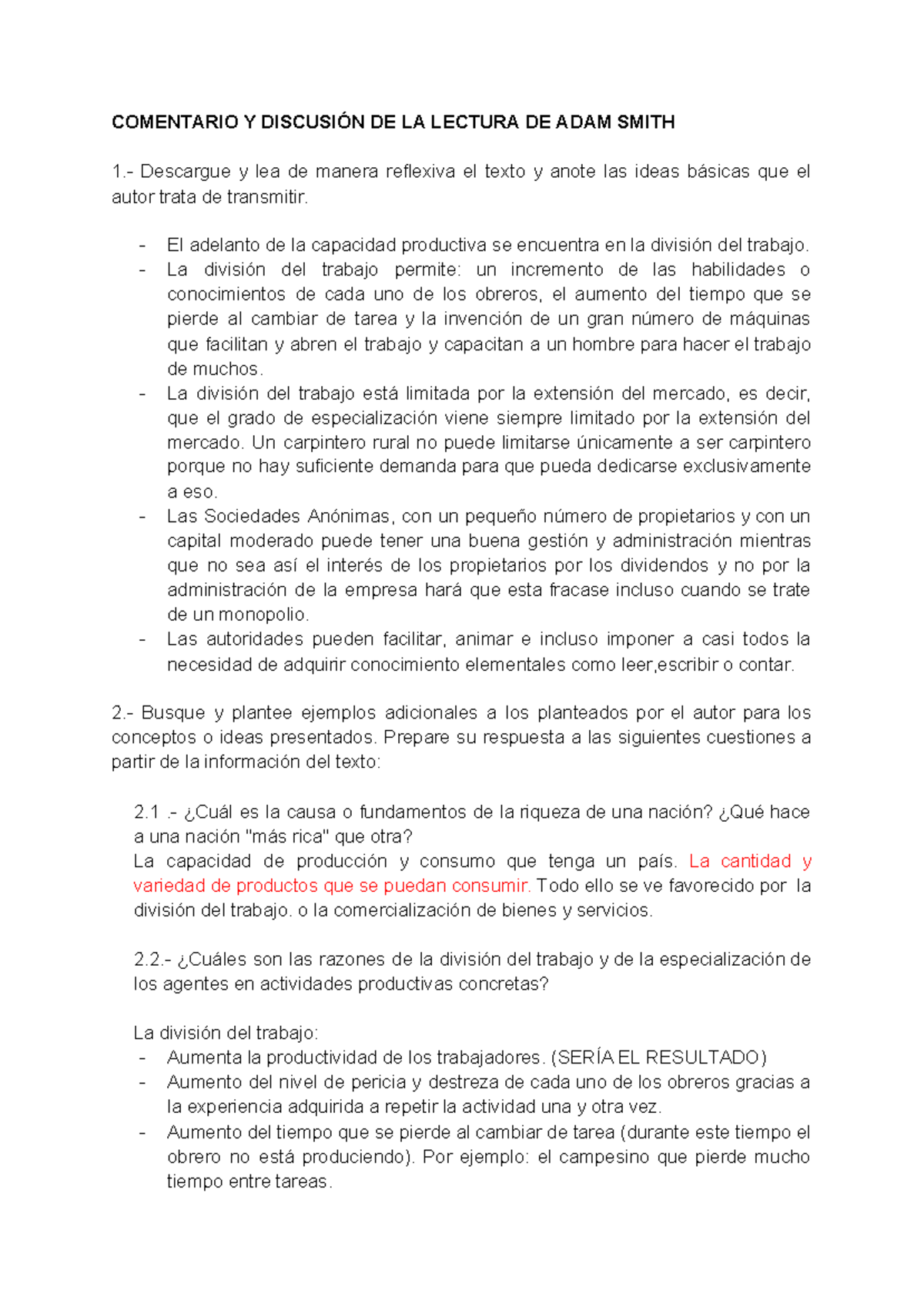Practica de Adam Smith - COMENTARIO Y DISCUSIÓN DE LA LECTURA DE ADAM SMITH 1.- Descargue y lea ...