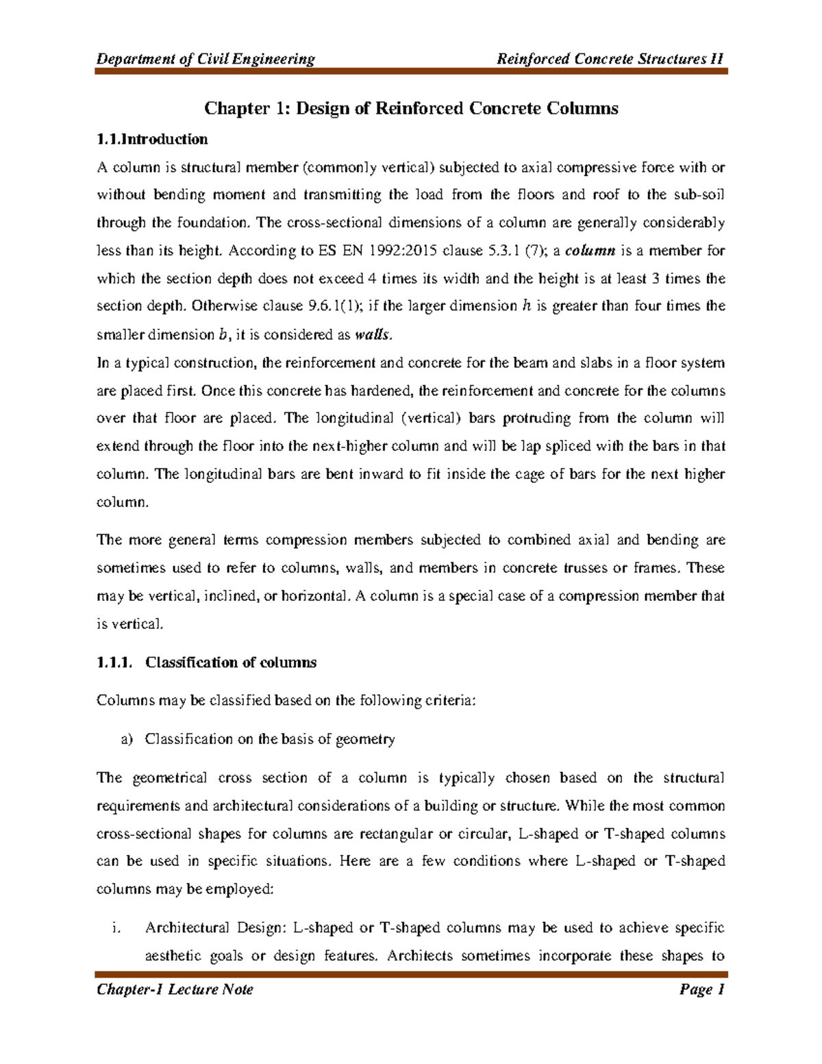 Design of RC column - Chapter 1: Design of Reinforced Concrete Columns ...