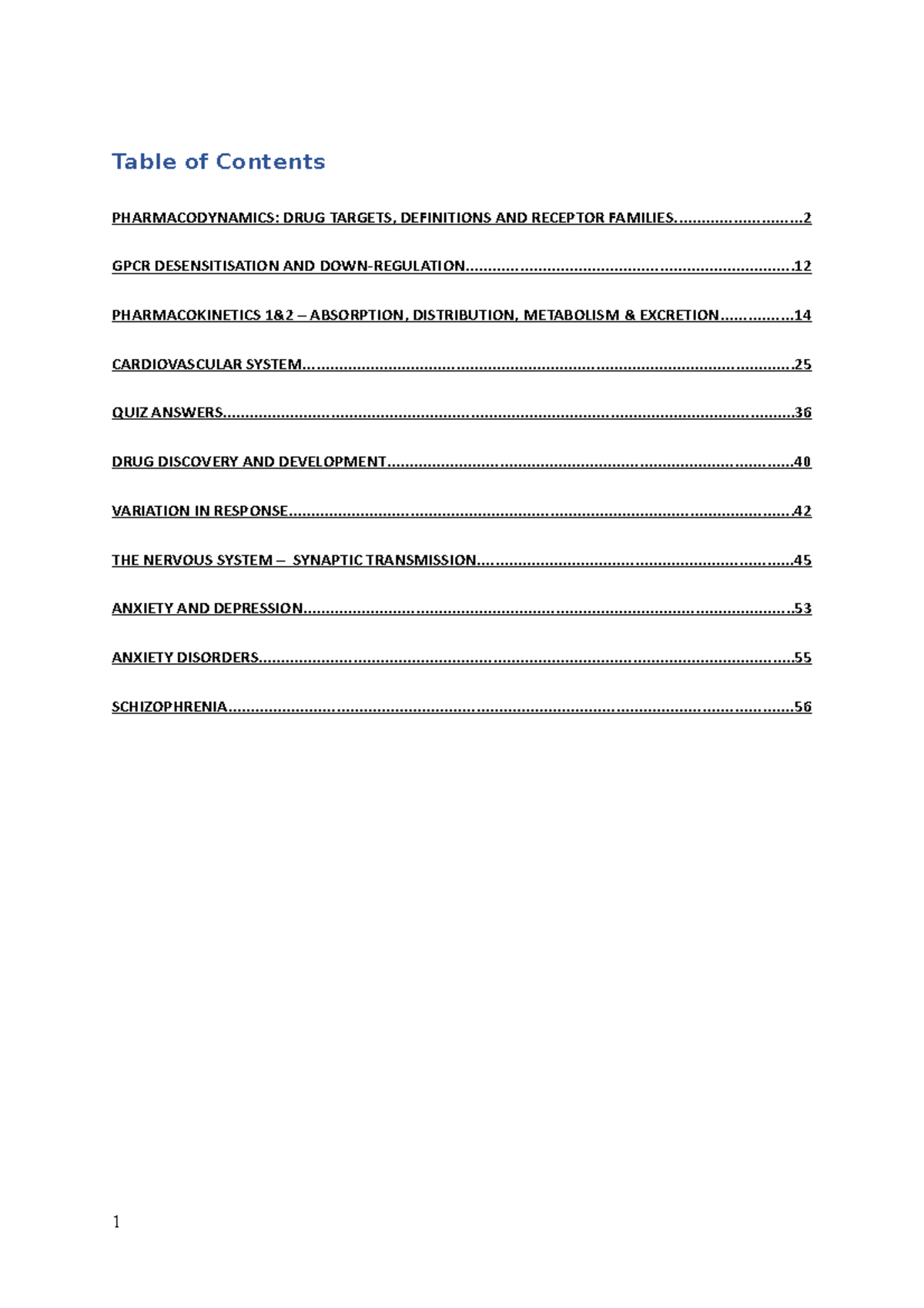 Pharmacology revision all lectures - Table of Contents PHARMACODYNAMICS ...