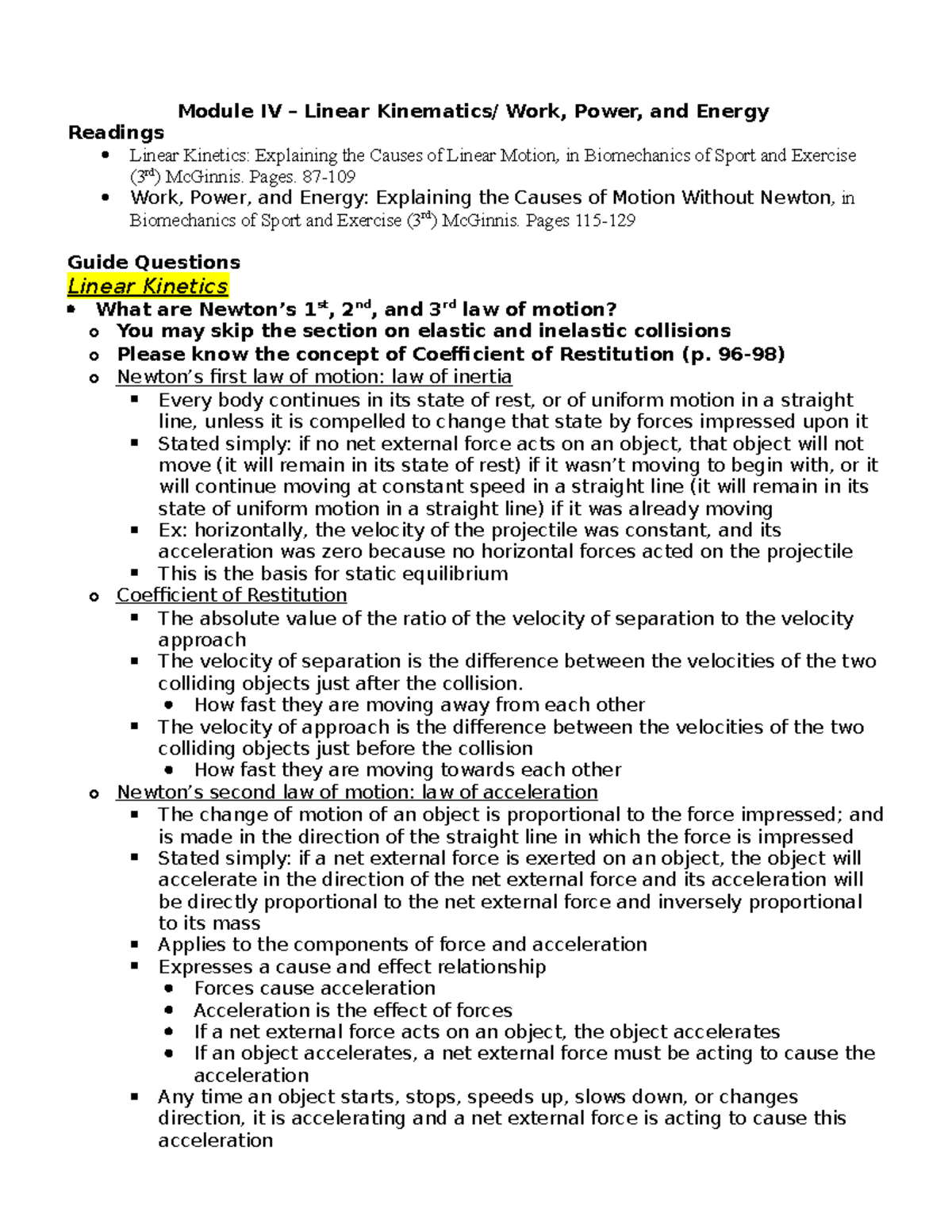 Reading Guide Module IV Linear Kinetics Work Power Energy - Module IV – Linear Kinematics/ Work ...