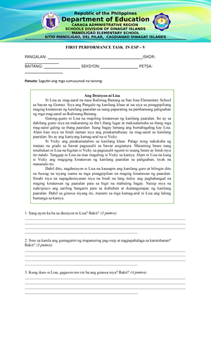 Grade 5 Performance Task in Filipino Modules 1-3 - Republic of the ...
