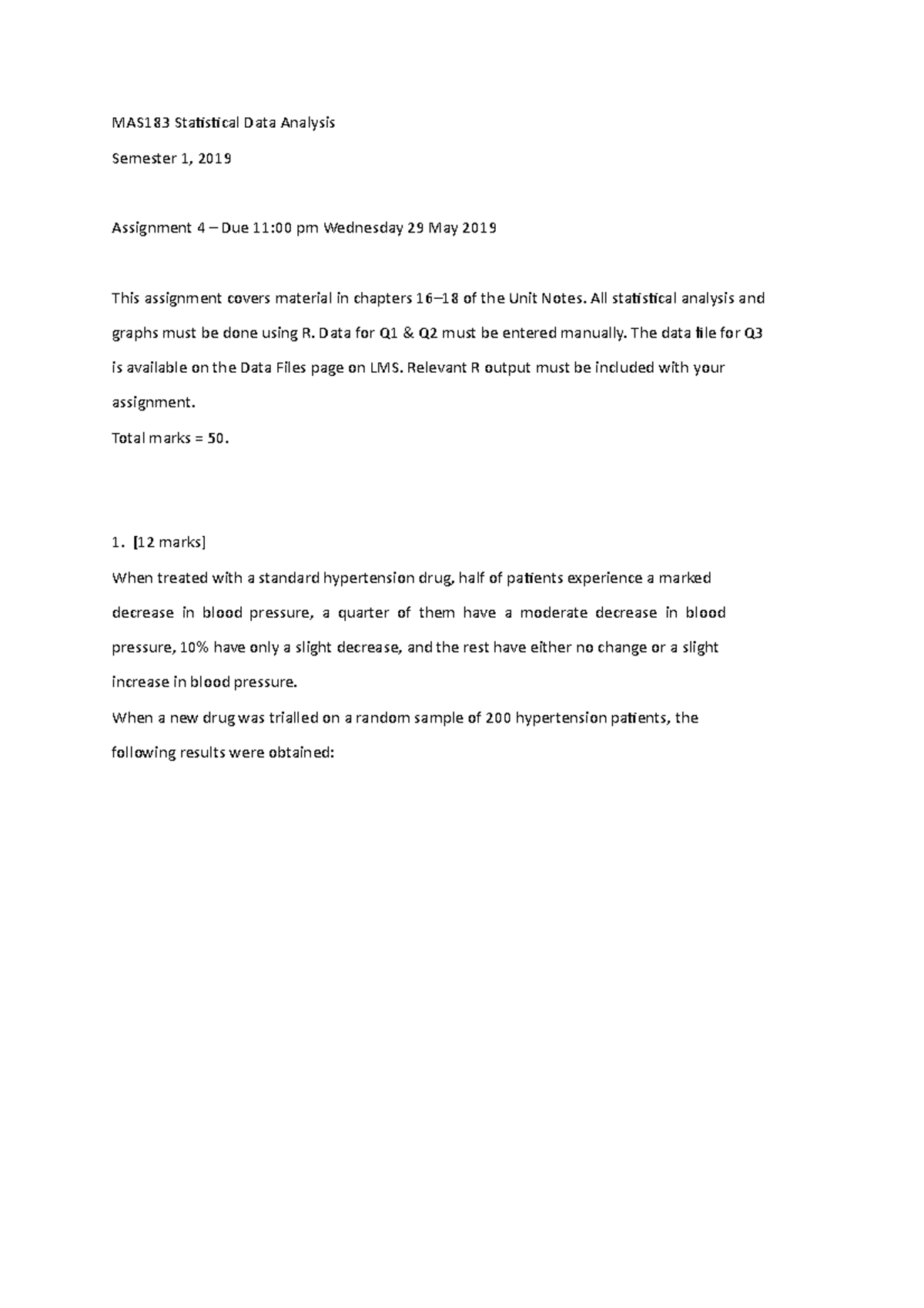 Assigment 4 - Statistical Data Analysis MAS183 - MAS183 Statistical ...