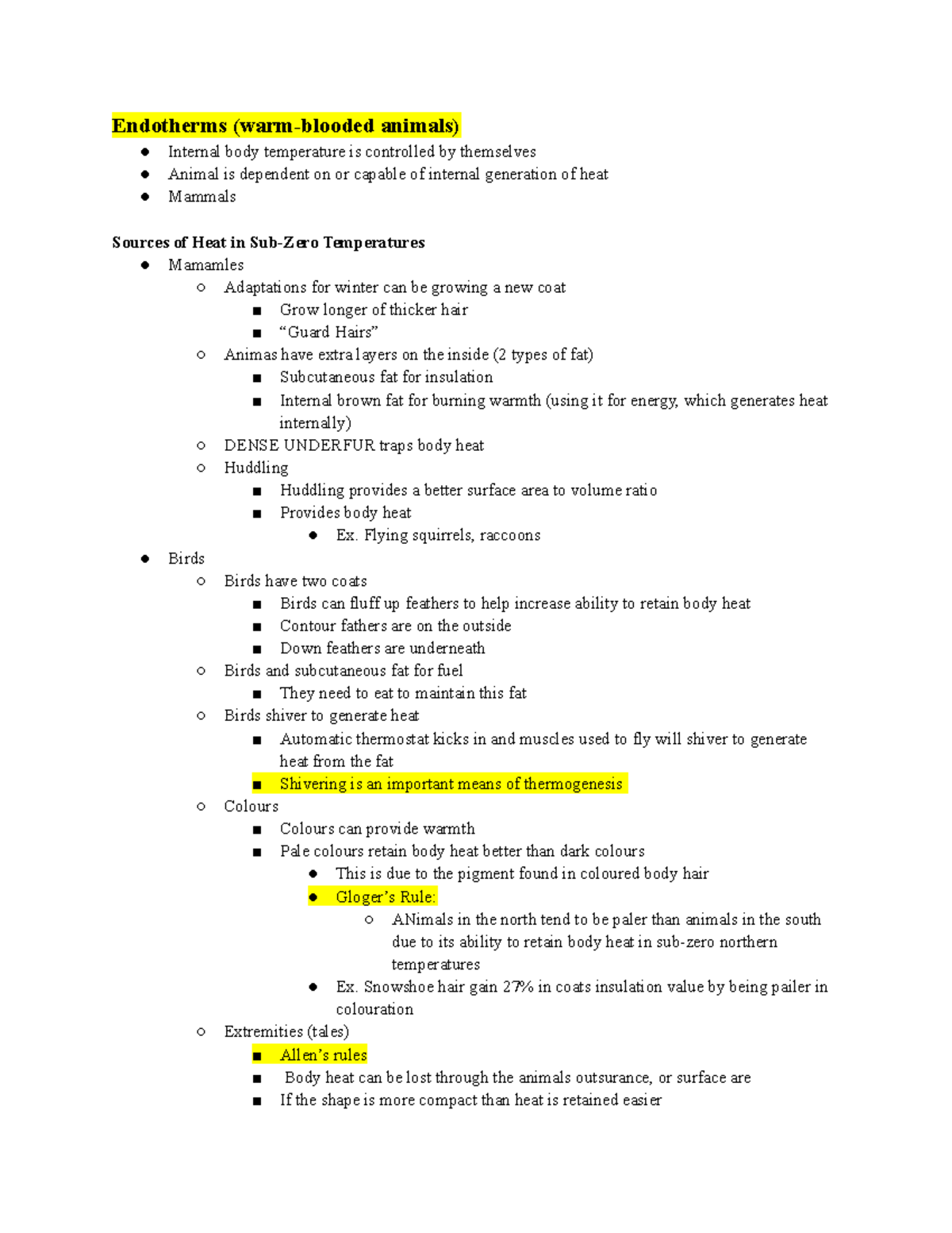 Biology Lecture 6 - Endotherms (warm-blooded animals) Internal body ...