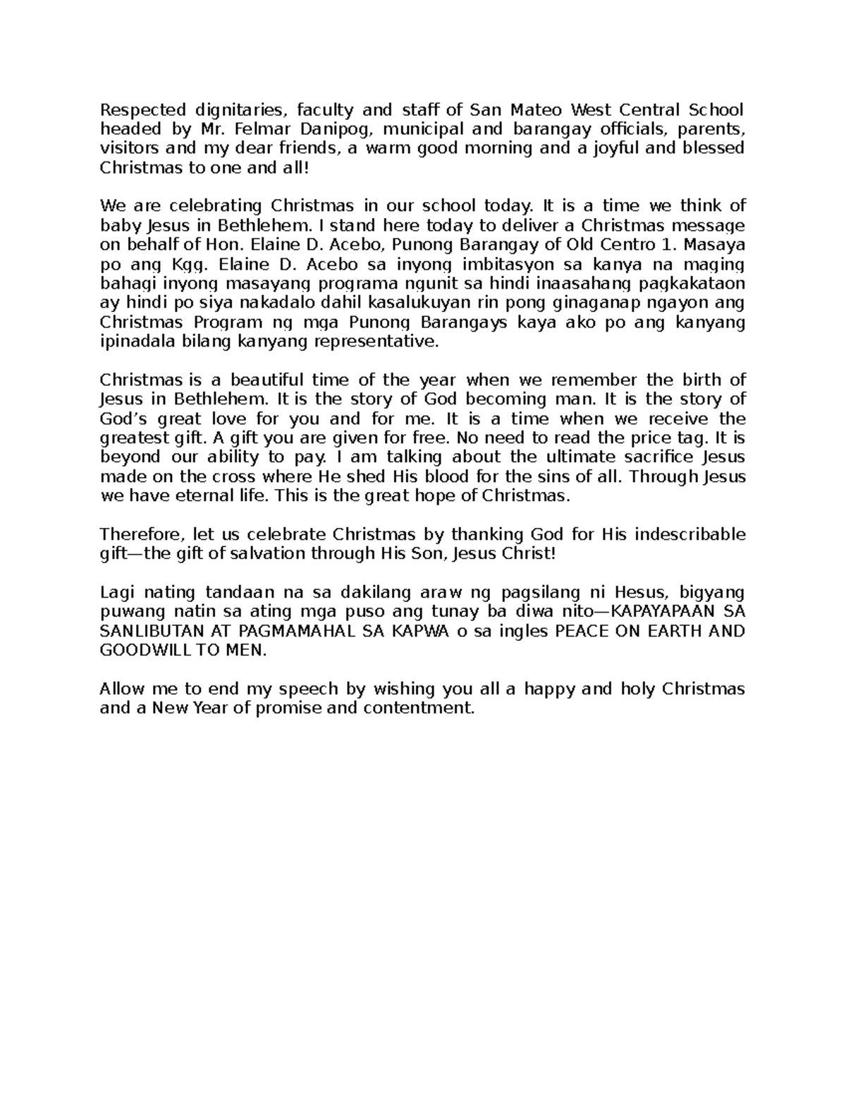 Christmas message - Respected dignitaries, faculty and staff of San ...