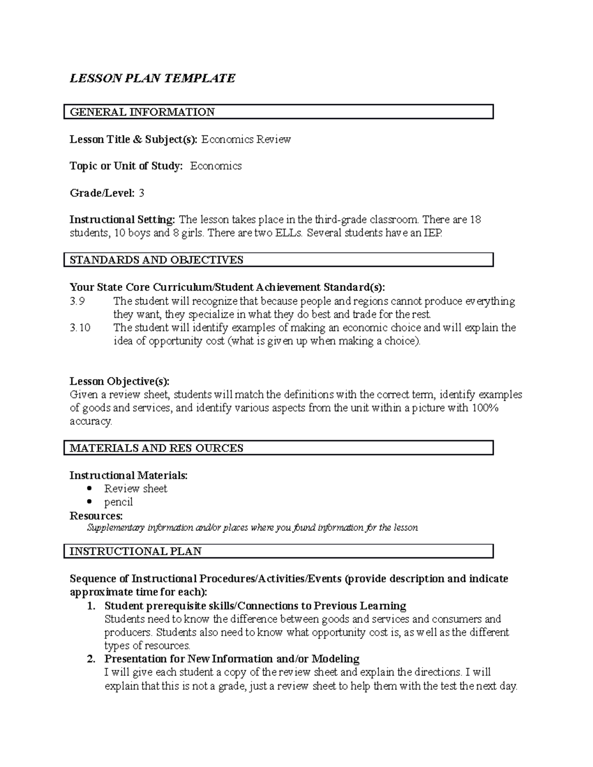2018 11 14 economicsreview - LESSON PLAN TEMPLATE GENERAL INFORMATION ...
