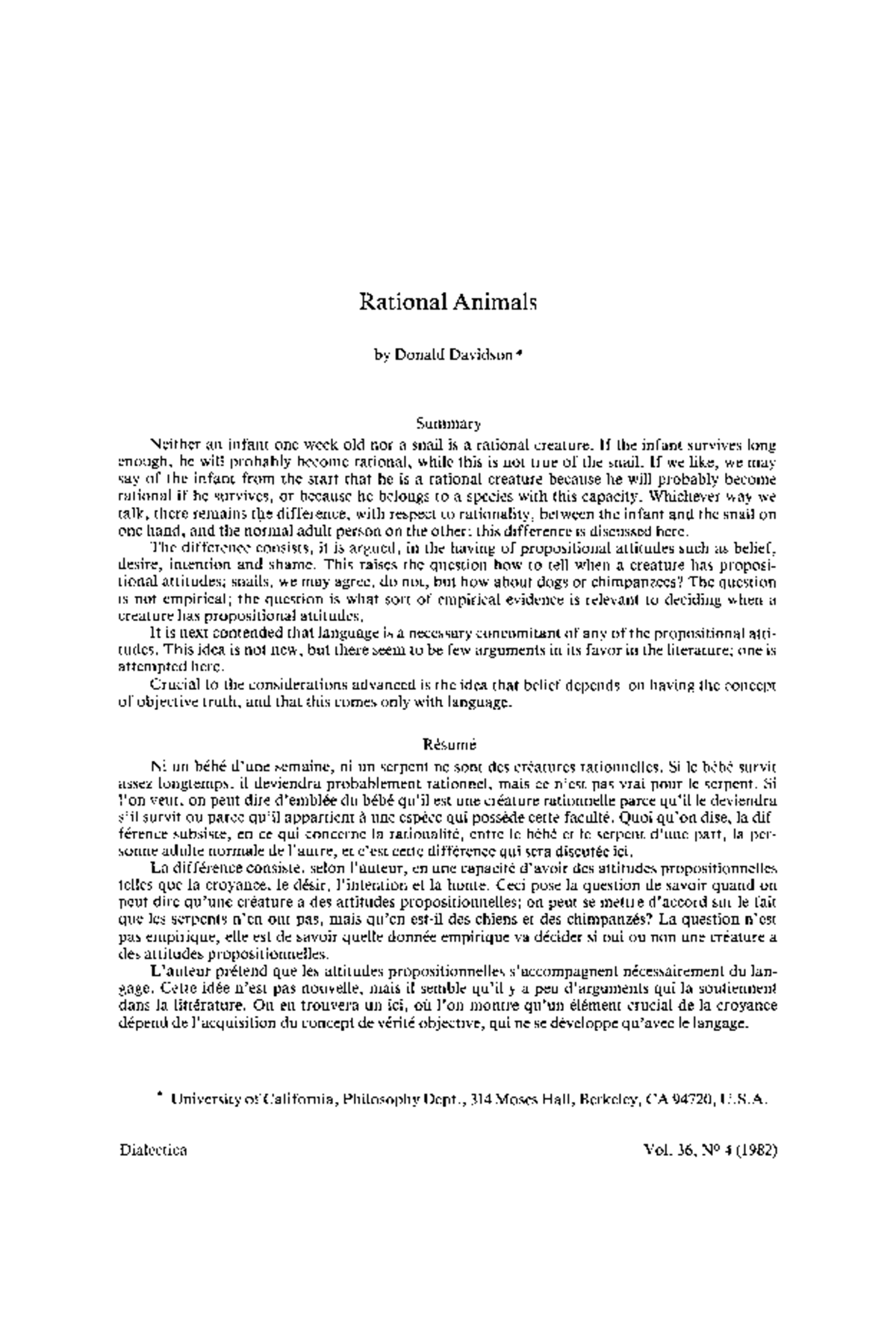 Davidson, Rational Animals - Rational Animals by Donald Davidson ...