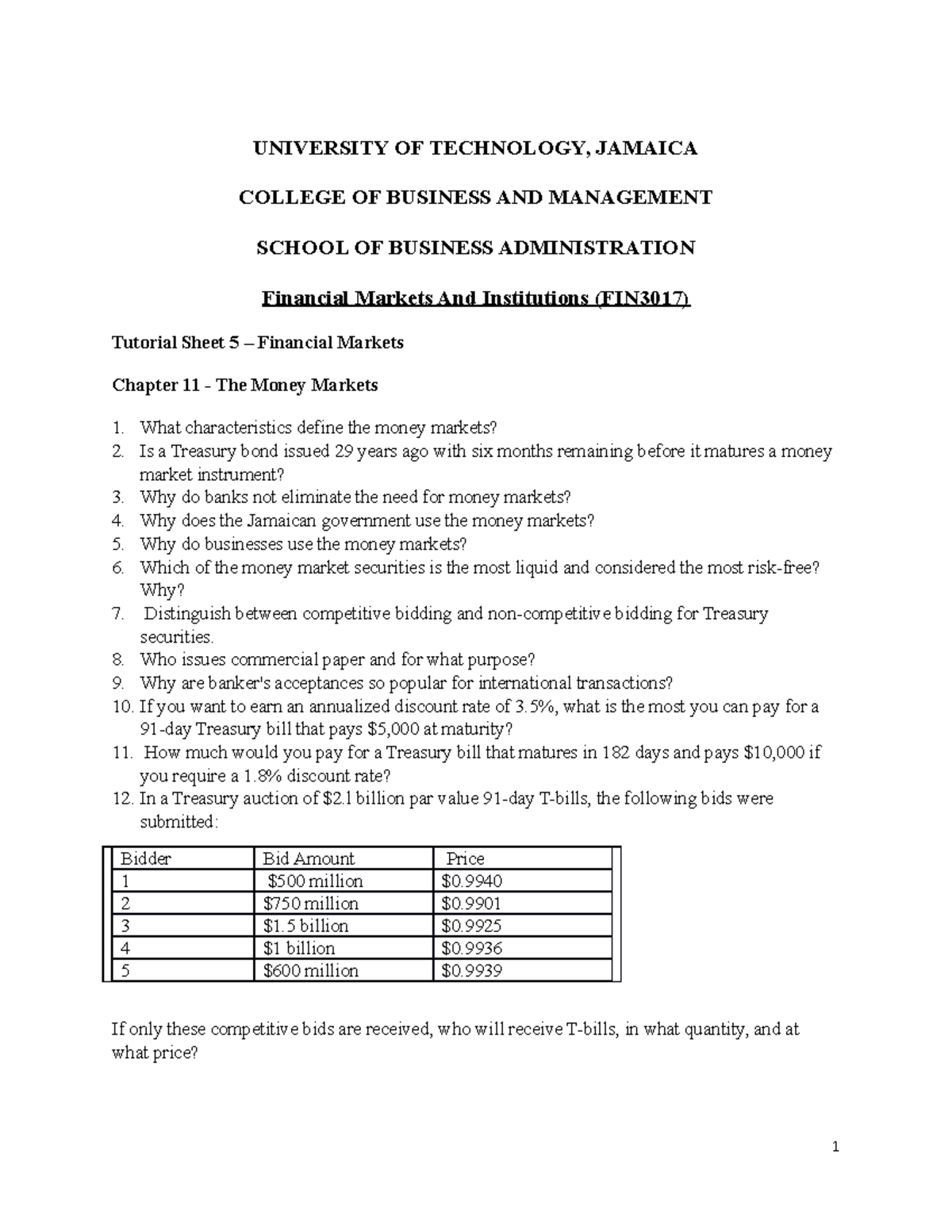 Tutorial Sheet 5 - UNIVERSITY OF TECHNOLOGY, JAMAICA COLLEGE OF ...