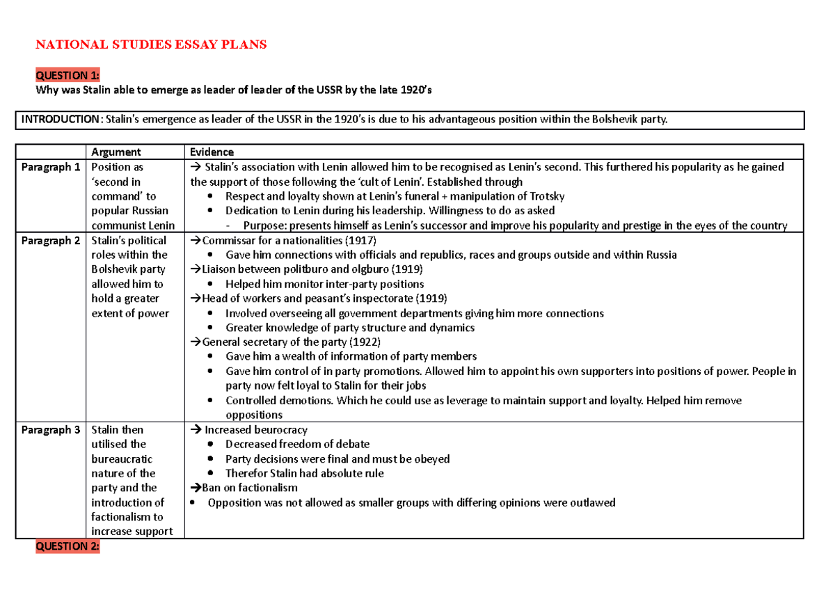National Studies Essay Plans - NATIONAL STUDIES ESSAY PLANS QUESTION 1 ...