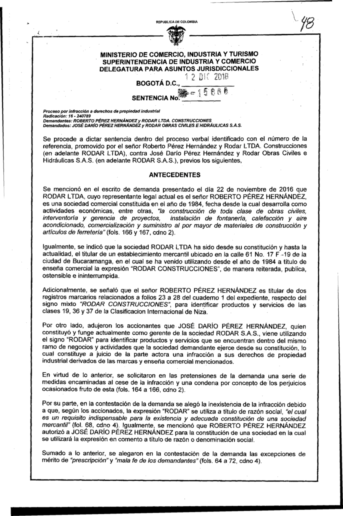 Sentencia 16-240789-12-12-18 - REPUBLICA DE COLOMBIA MINISTERIO DE ...